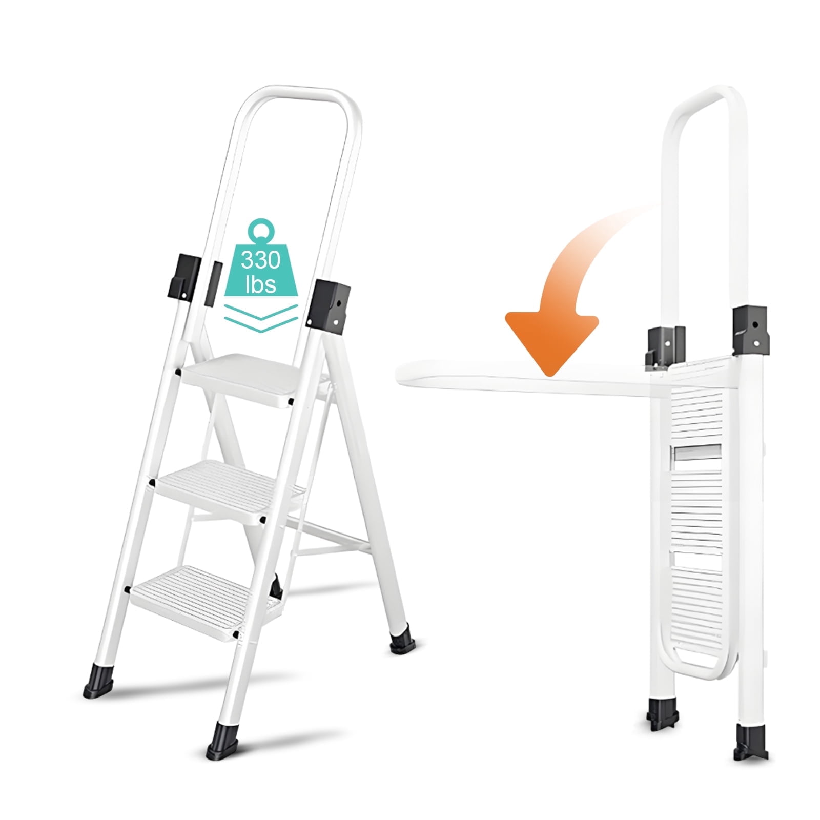 RICHYOUNG 3-Step Folding Ladder,with Foldable Extended Handrail & Wide ...