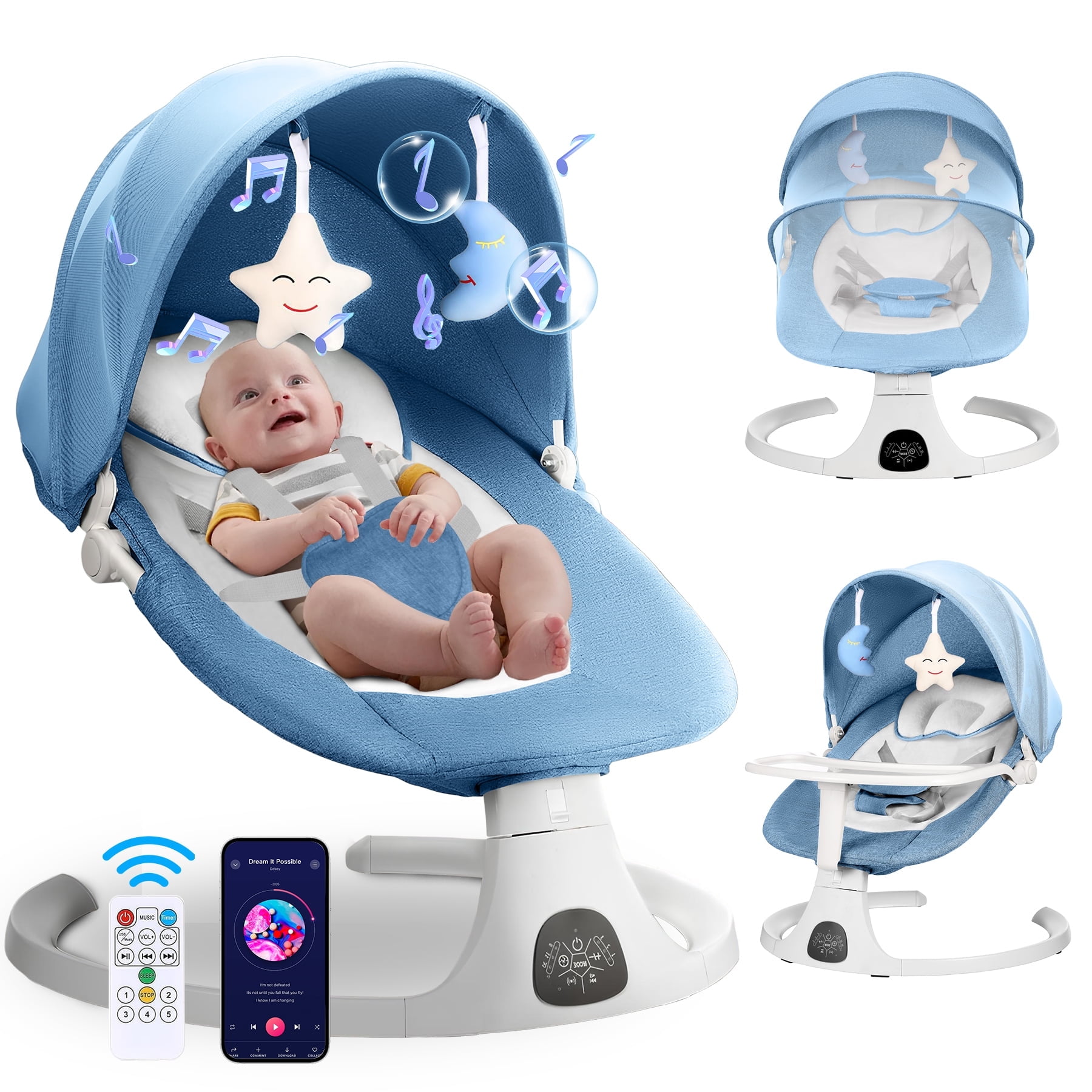 Baby Swing with Detachable Dinner Plate,Remote Control,Bluetooth Music ...
