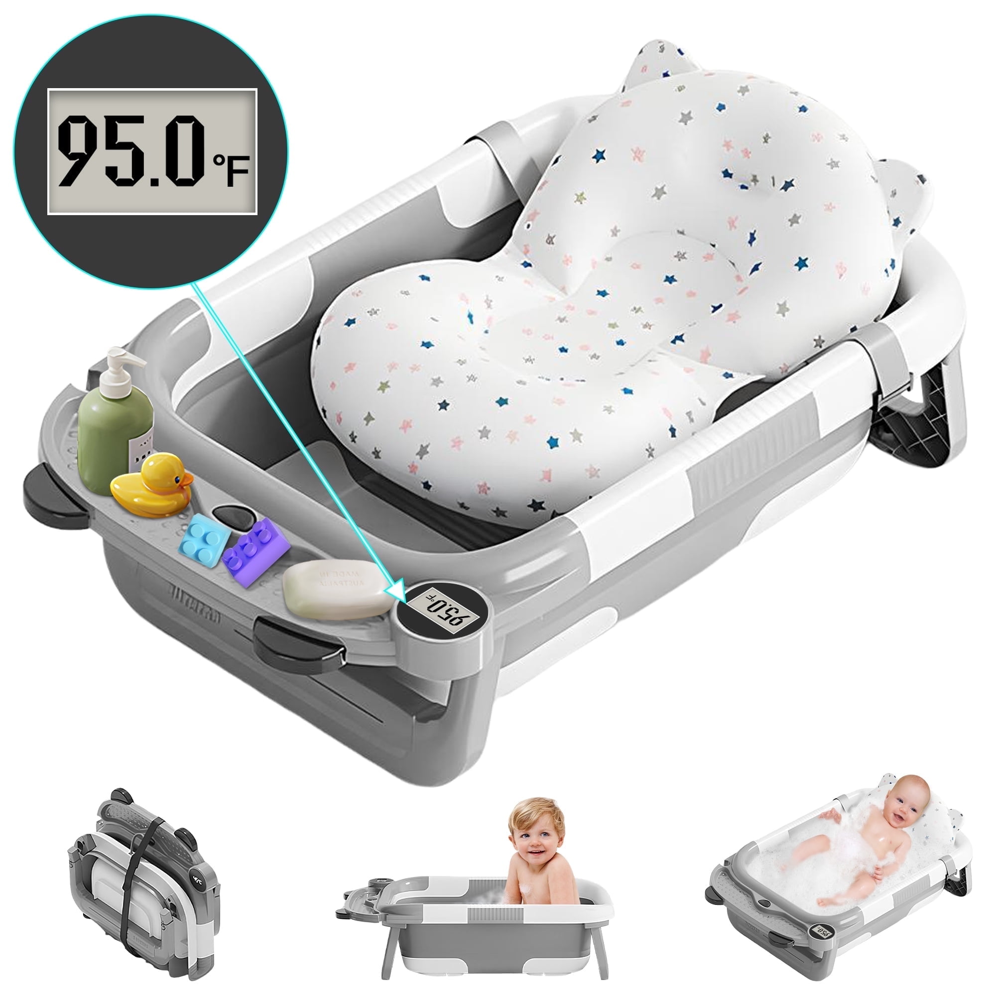 RICHYOUNG Foldable Baby Bathtub with Thermometer & Soft Cushion,Gray ...