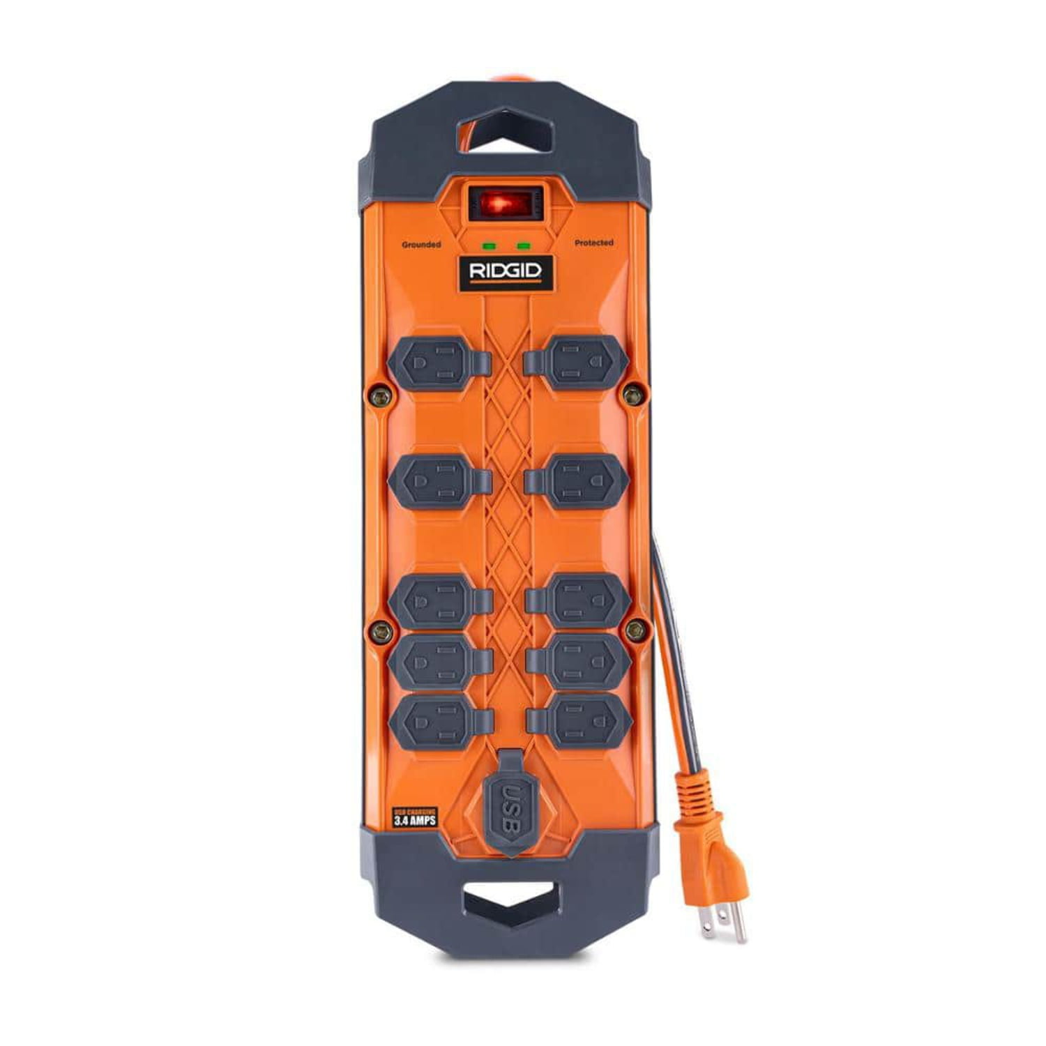 RIDGID 10 Ft. Cord 10-Outlet, 2.4 Amp USB-a, 15-Watt USB-C, 4200J Surge ...