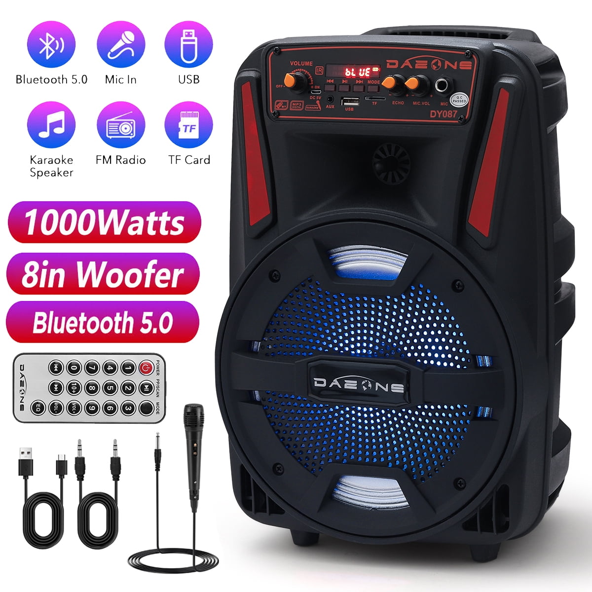 RIDWIND 1000W Peak Power Portable Wireless Speaker 8 inch Woofer Heavy ...