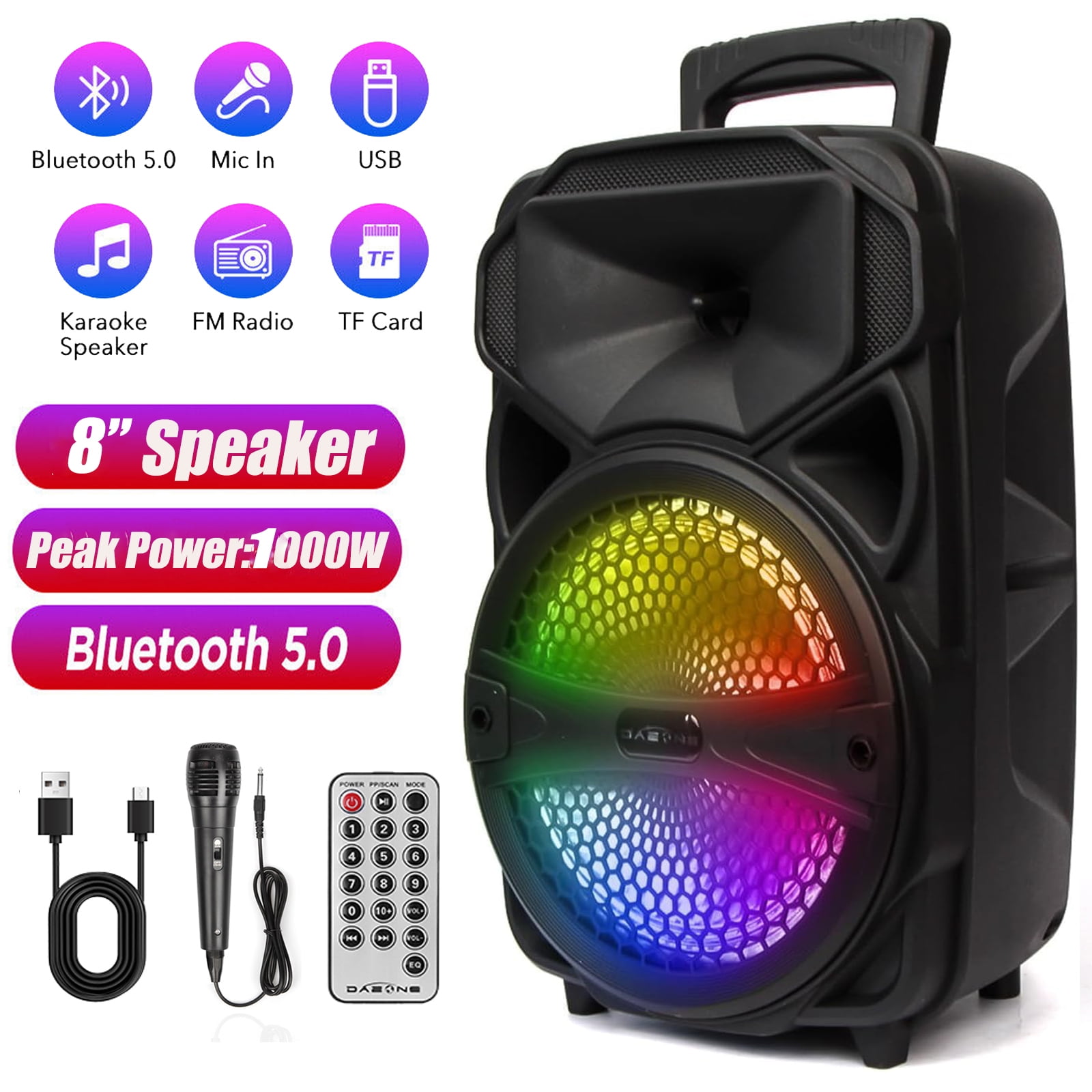 RIDWIND 1000W Peak Power Portable Wireless Speaker 8 inch Woofer Heavy ...