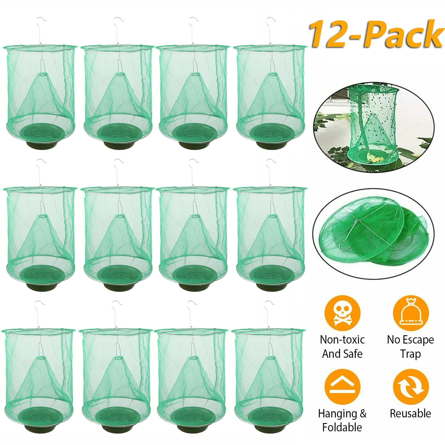 RIDWIND 12-Pack Ranch Fly Trap Reusable Hanging Fly Catcher Cage with ...