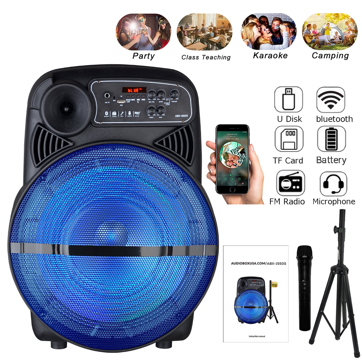 RIDWIND 15" Portable Party Bluetooth Speaker with LED Lights, Stand ...