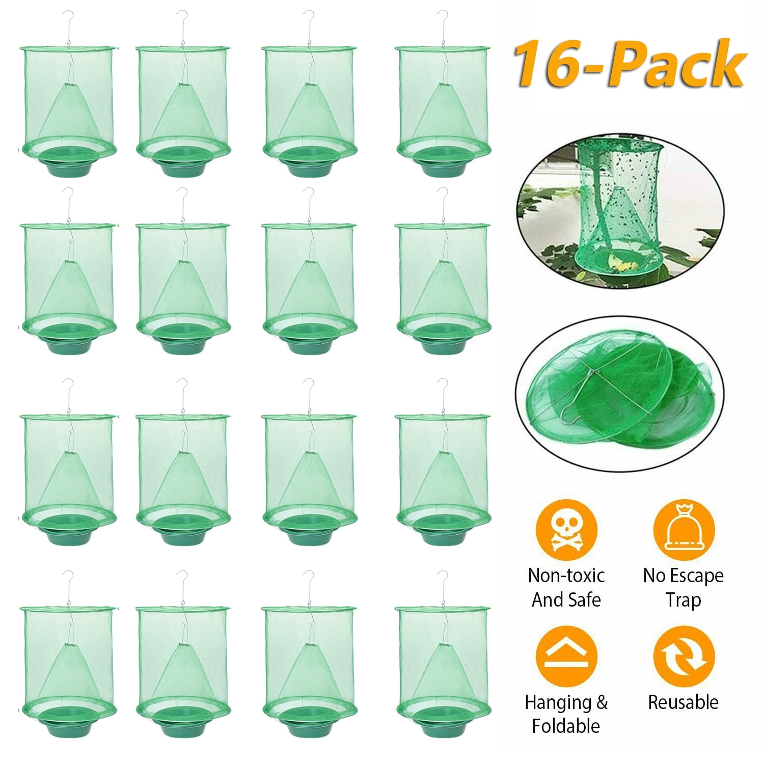 RIDWIND 16-Pack Ranch Fly Trap Reusable Hanging Fly Catcher Cage with ...