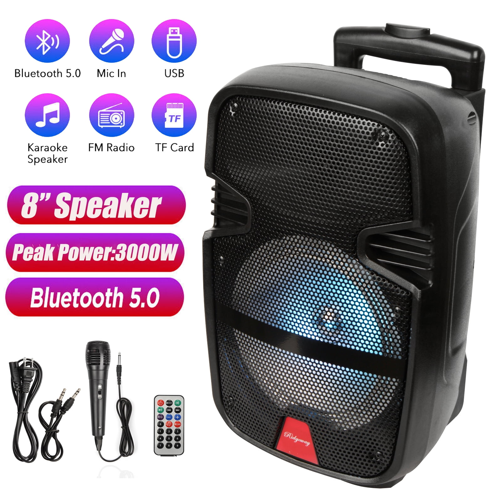 RIDWIND 3000W Portable Wireless bluetooth PA Karaoke Loud Speaker 8 inch Super Bass Stereo ...