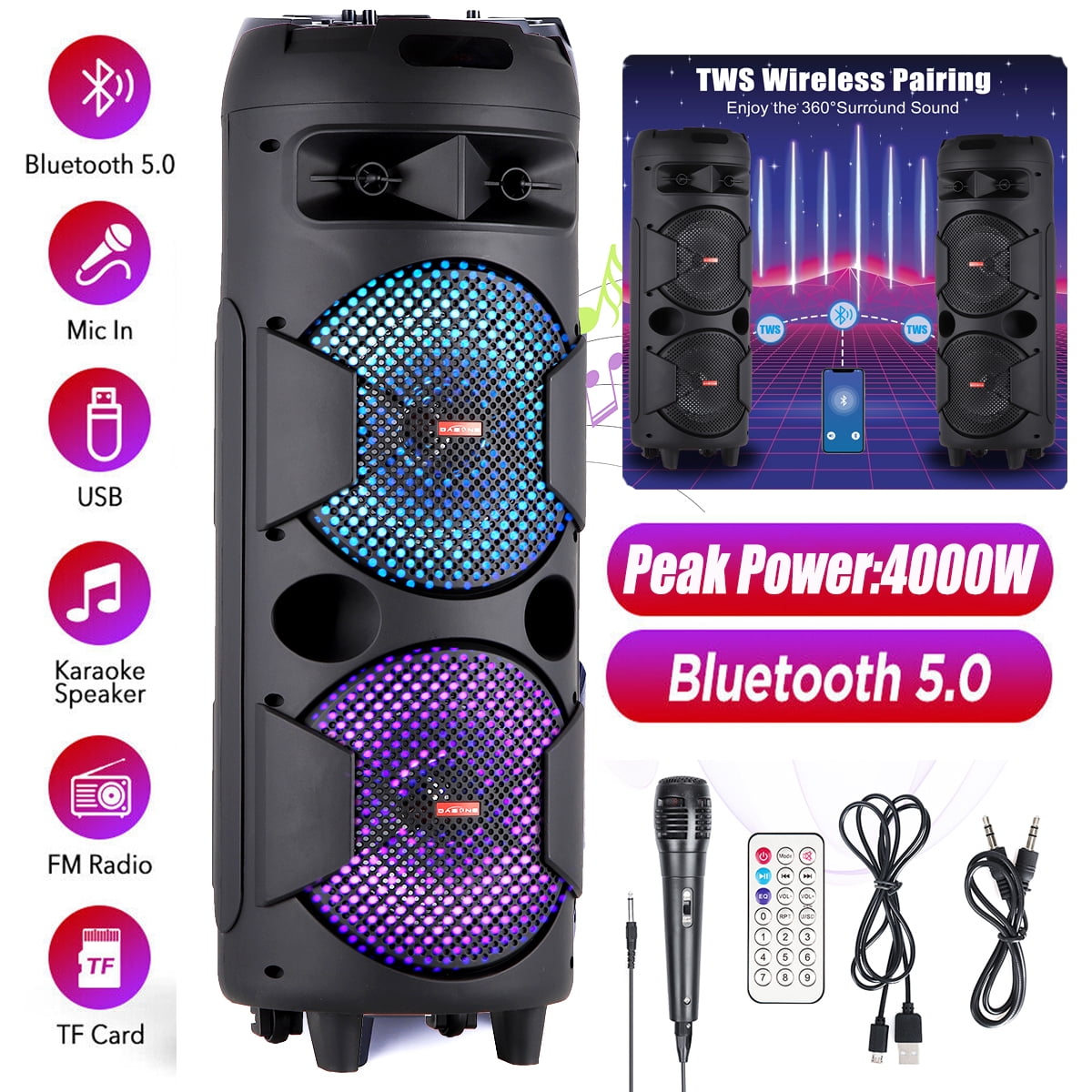 RIDWIND 4000W Peak Power Bluetooth Speakers Portable Wireless Speaker ...