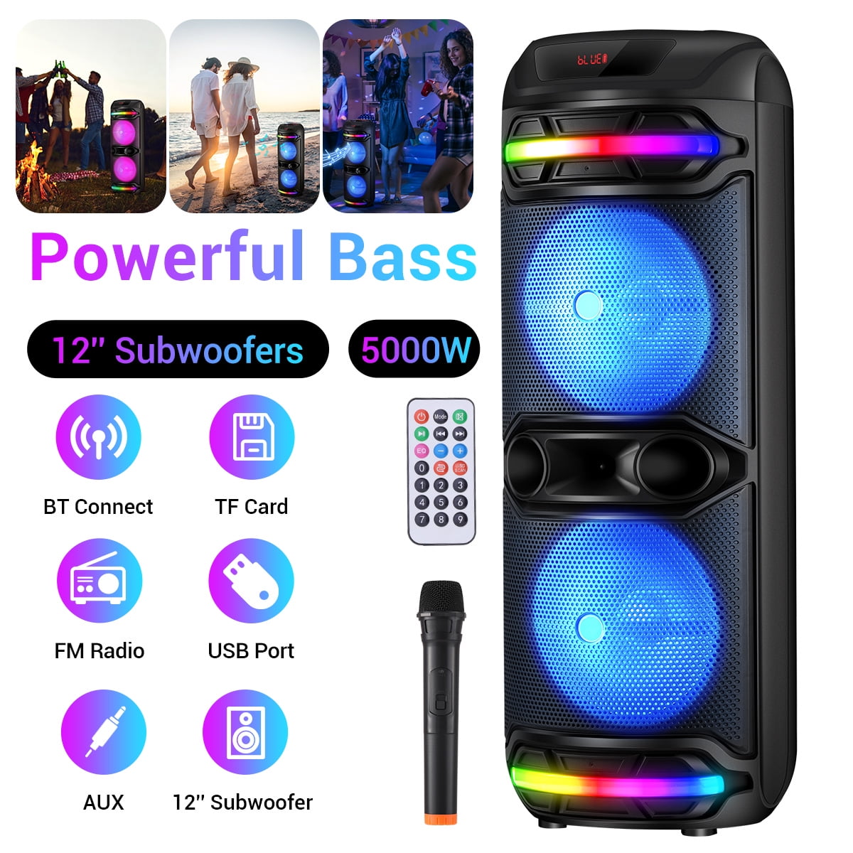 RIDWIND 5000W Powerful Bluetooth Party Speaker with Dual 12" Woofers ...