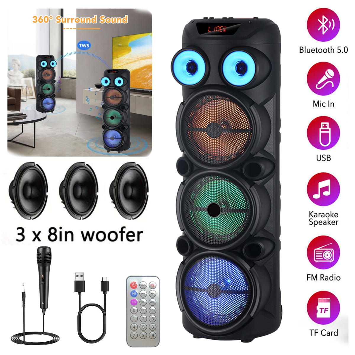 RIDWIND 8000W Peak Power Bluetooth Speakers Portable Wireless Speaker ...