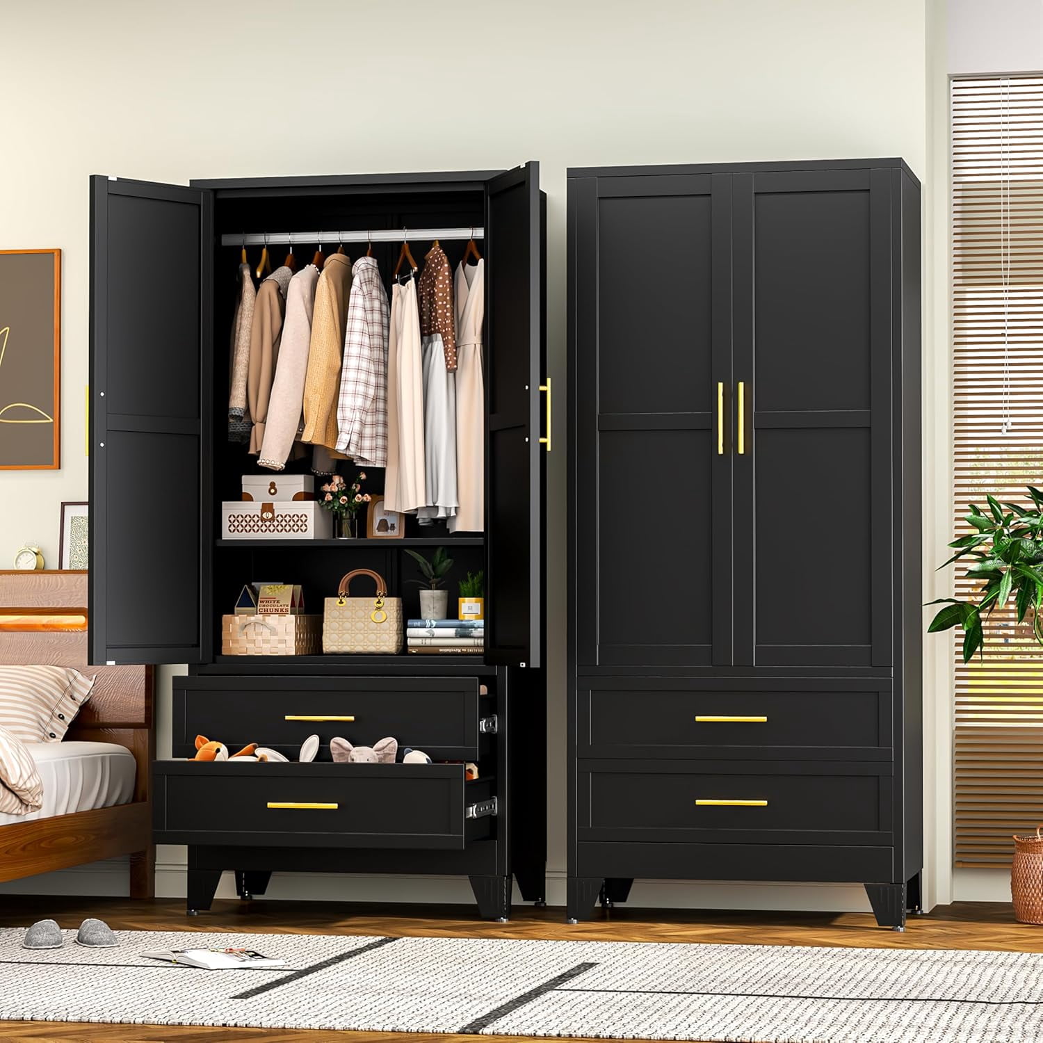 RIETERN Metal Armoire Wardrobe Closet, 71" Tall Bedroom Closet with 2 ...