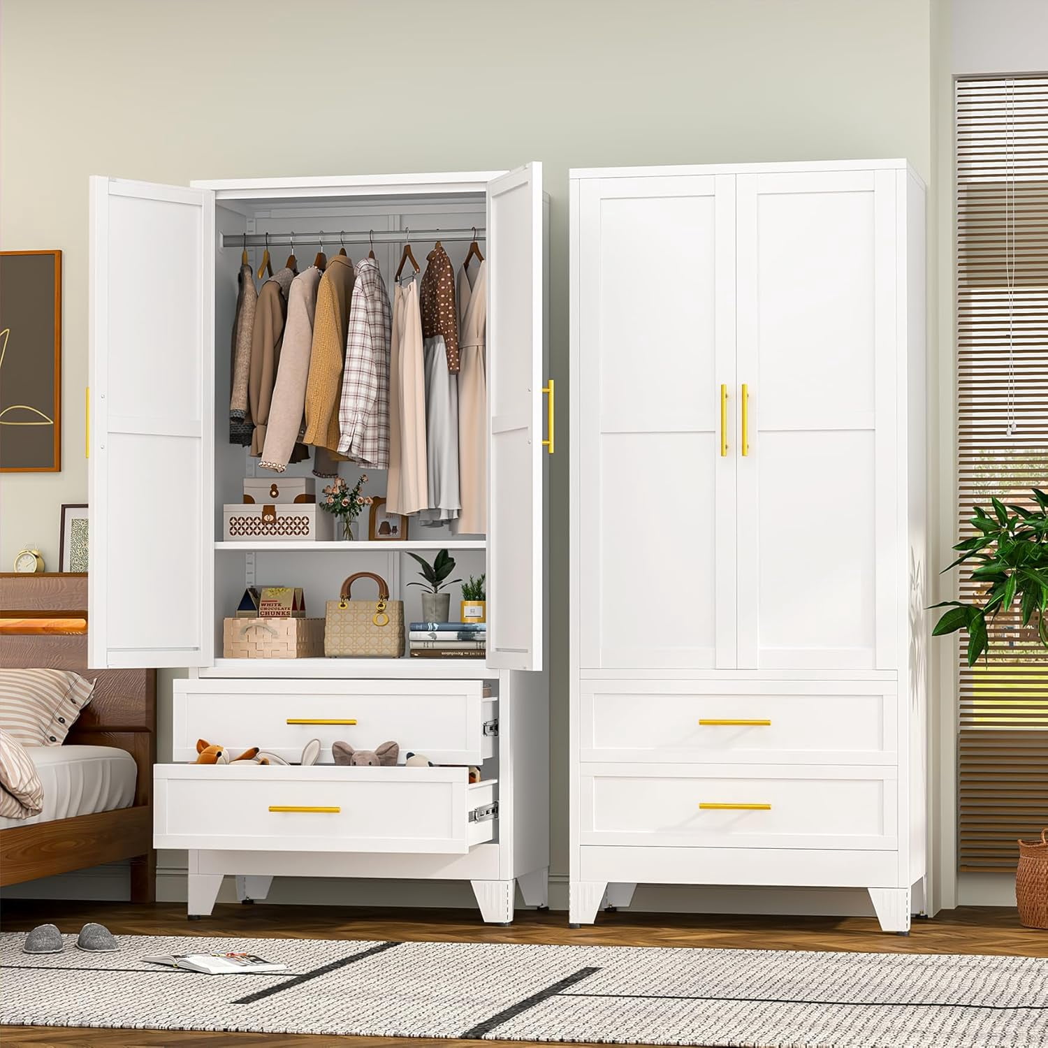 RIETERN Metal Armoire Wardrobe Closet, 71" Tall Bedroom Closet with 2 ...