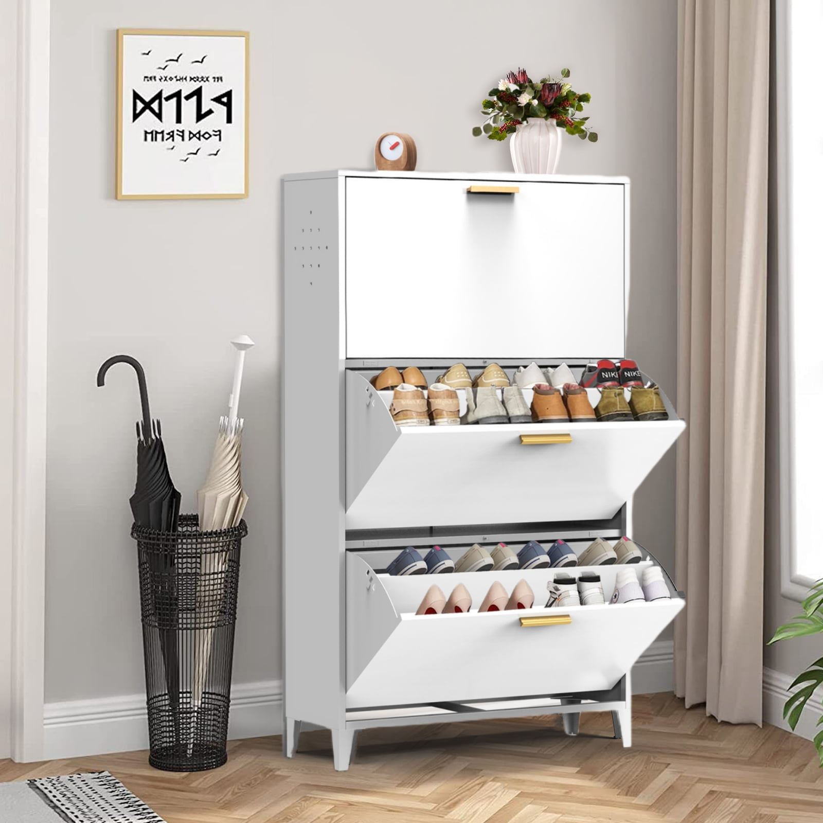 RIFLEWELL Shoe Cabinet for Entryway, Metal Shoe Storage Cabinet with 3 ...