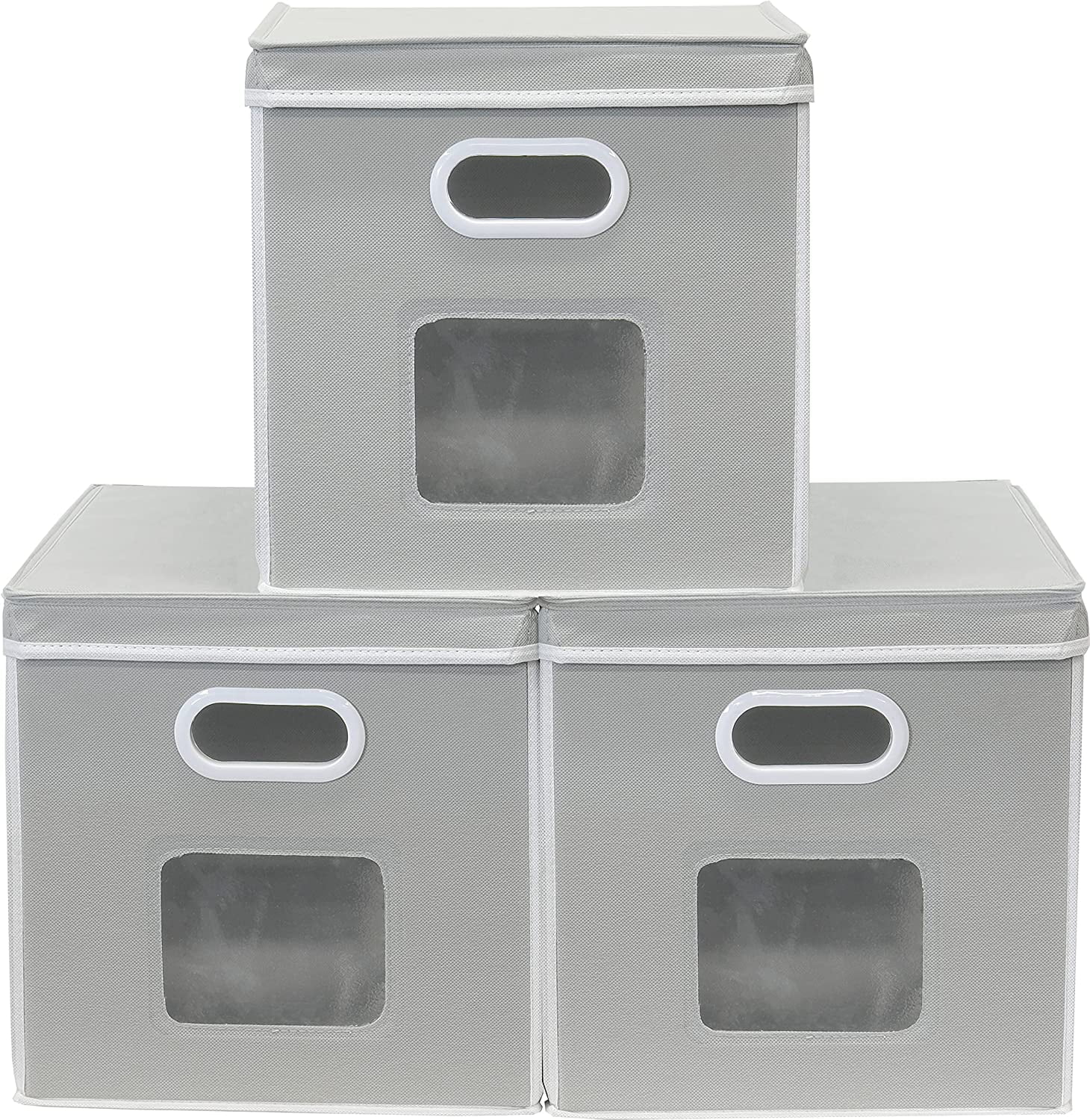 RIHJIN-Fabric Clear Window Cube with Lid, 12" x 12" Storage Bin, 3-Pack ...