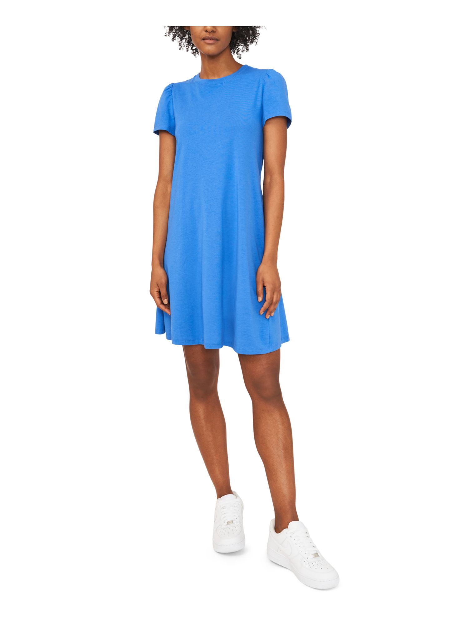 RILEY&RAE Womens Blue Stretch Ruched Pouf Sleeve Crew Neck Above The ...