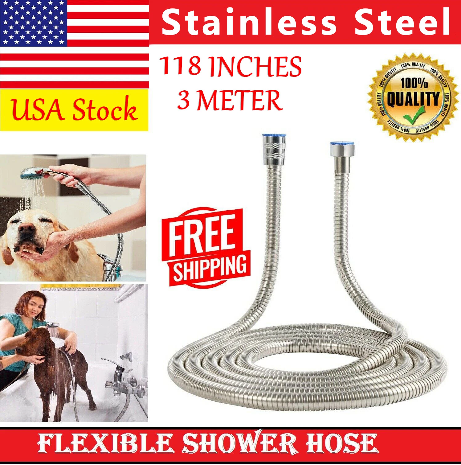 RILYN- 3M Shower Hose Stainless Steel Replacement Flexible Chrome Long ...