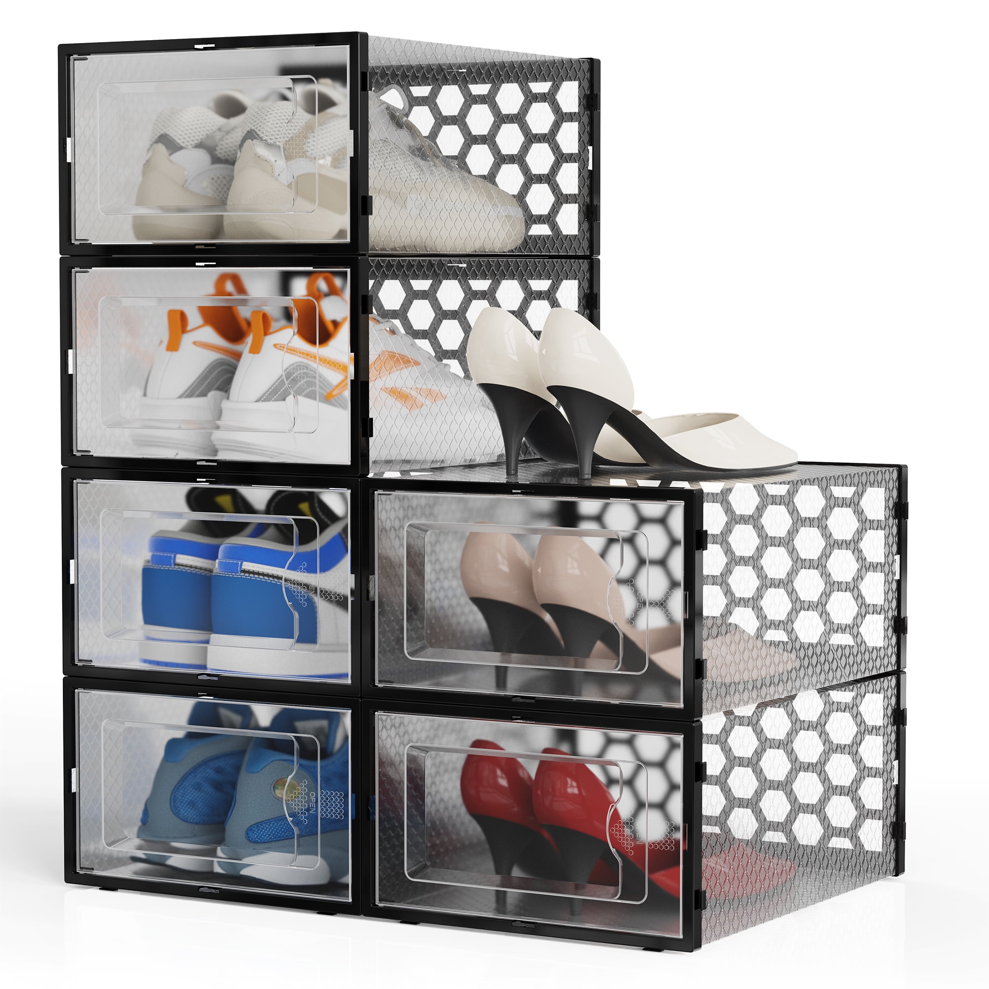 RIOUSERY Stackable Shoe Boxes (6-Pack), Clear Plastic with Black Frame ...