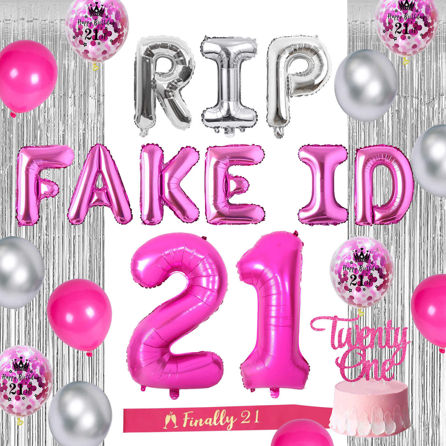 RIP FAKE ID 21st Birthday Decoration Set for Her, Pink Silver RIP FAKE ...