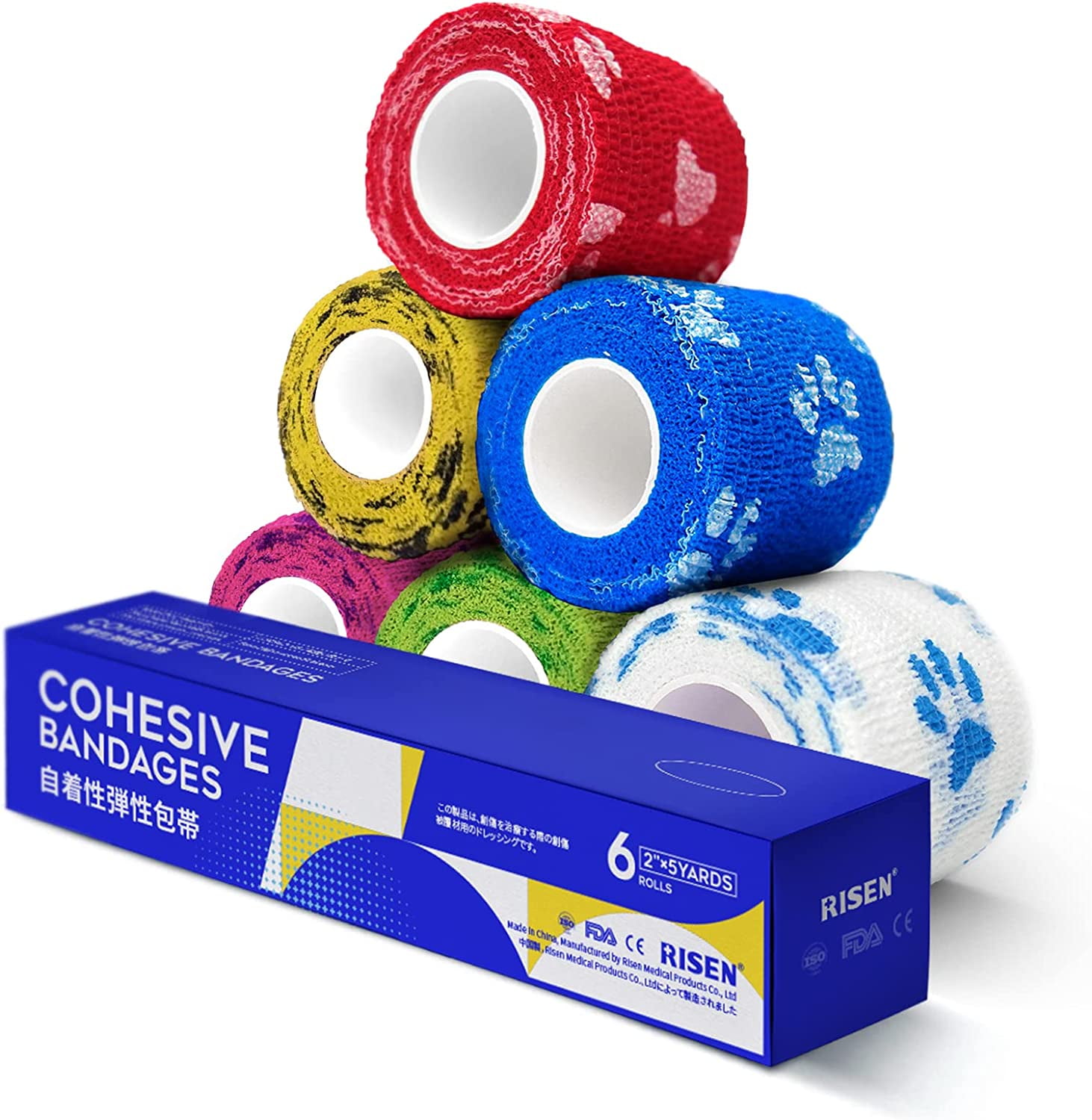 RISEN Cohesive Bandage 2” x 5 Yards, 6 Rolls, Self Adherent Wrap ...