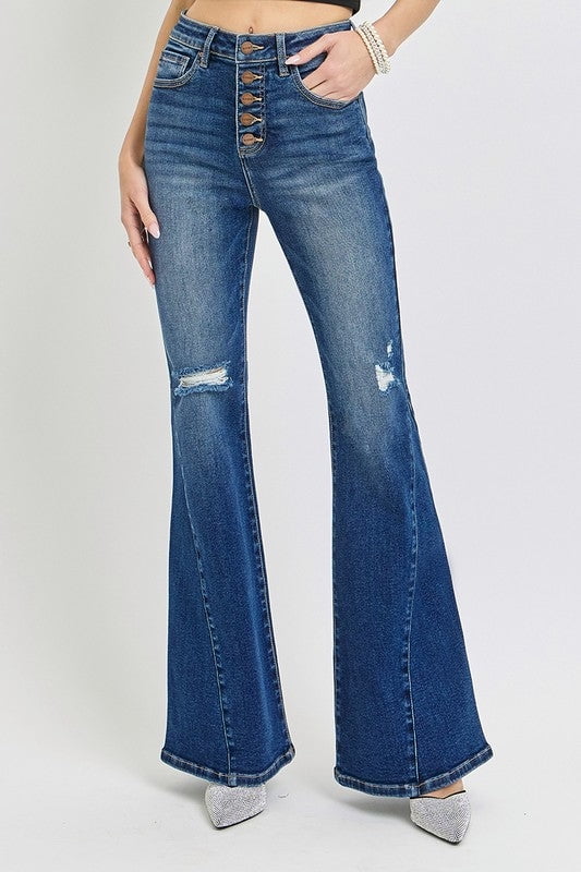 RISEN Distressed Button-Fly Flare Jeans - Walmart.com