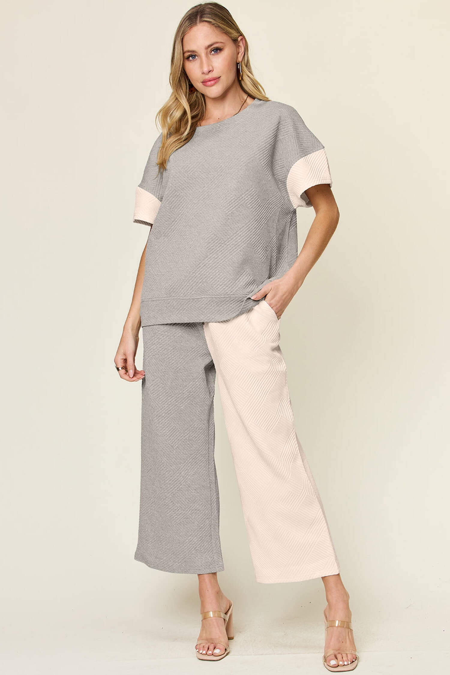 Double Take Full Size Texture Contrast T-Shirt and Wide Leg Pants Set ...