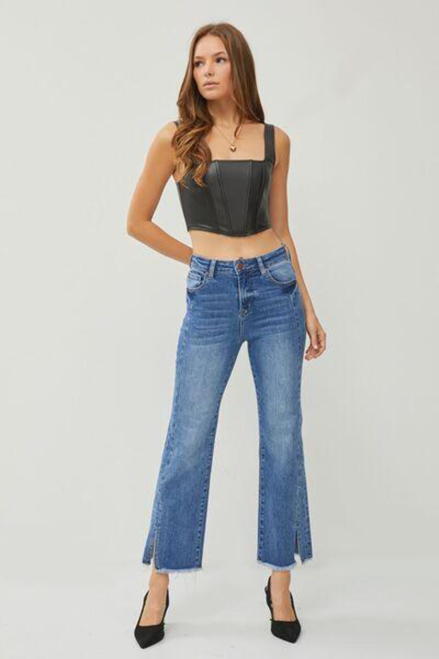 RISEN High Waist Raw Hem Slit Straight Jeans - Walmart.com