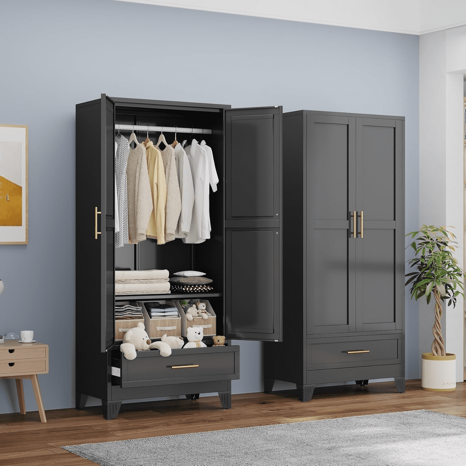 RISTER Metal Armoire Wardrobe Closet with Hanging Rod Clothing Storage ...