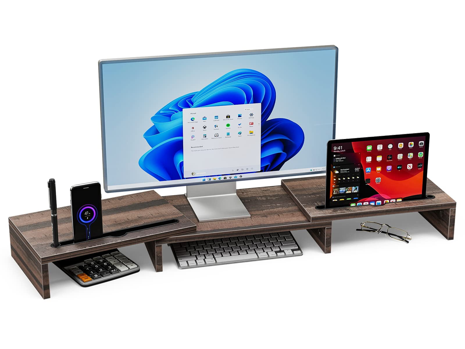 RISWER Monitor Riser with Slots Wood Dual Computer Monitor Stand Riser ...