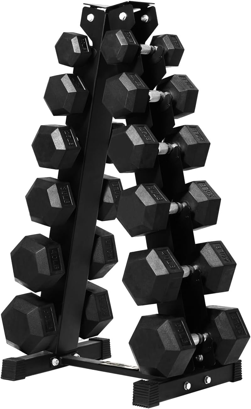 RitFit 350 LB Rubber Hex Dumbbells Set with Optional Dumbbell Rack ...
