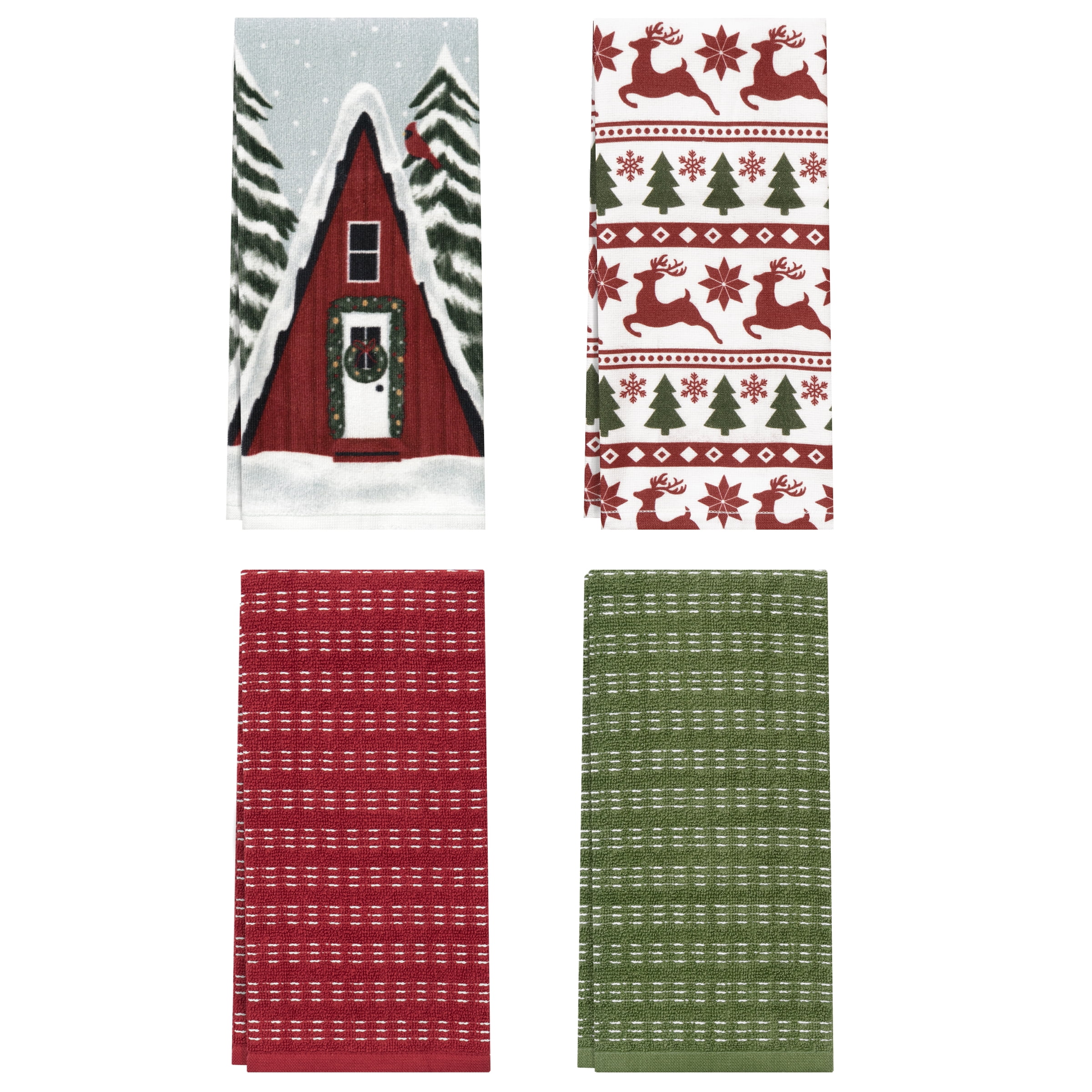RITZ 100% Cotton Holiday Kitchen Towels, Set of 4, Chalet Reindeer Dish ...