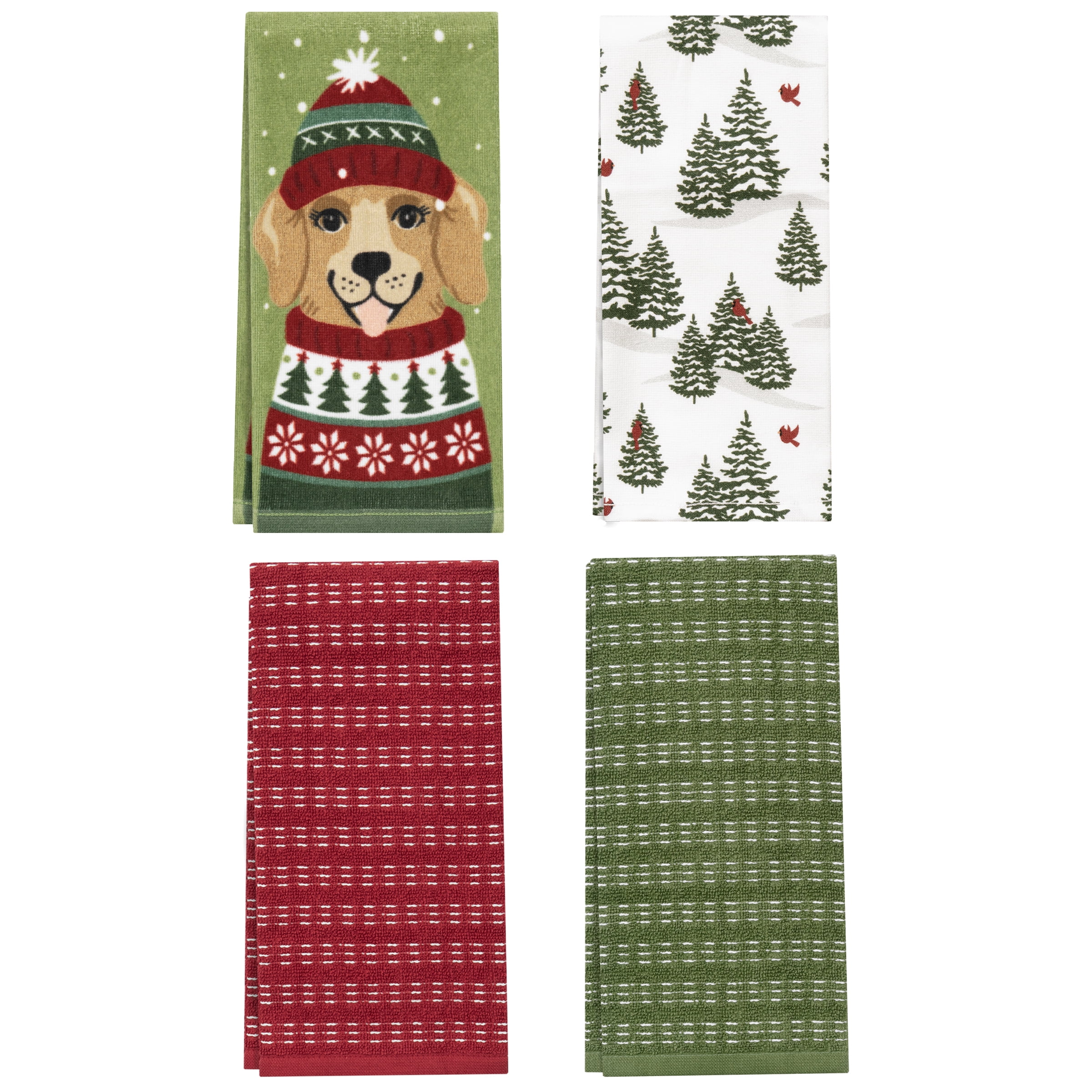 RITZ 100% Cotton Holiday Kitchen Towels, Set of 4, Cozy Dog Dish Towels ...