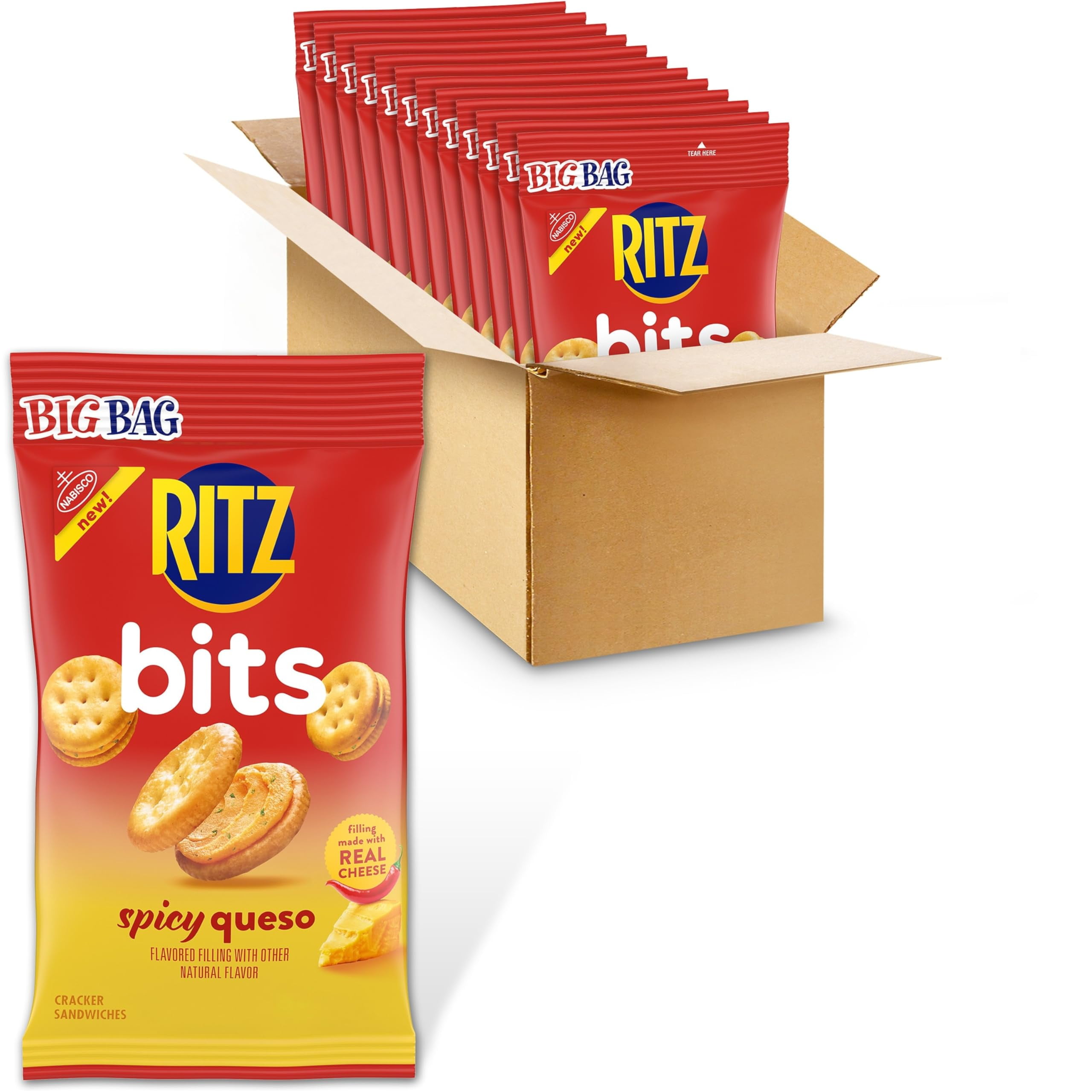 RITZ Bits Spicy Queso TGF4 Sandwich Crackers, Snacks for Kids and Adults, Bulk Lunch Snacks, 12 ...