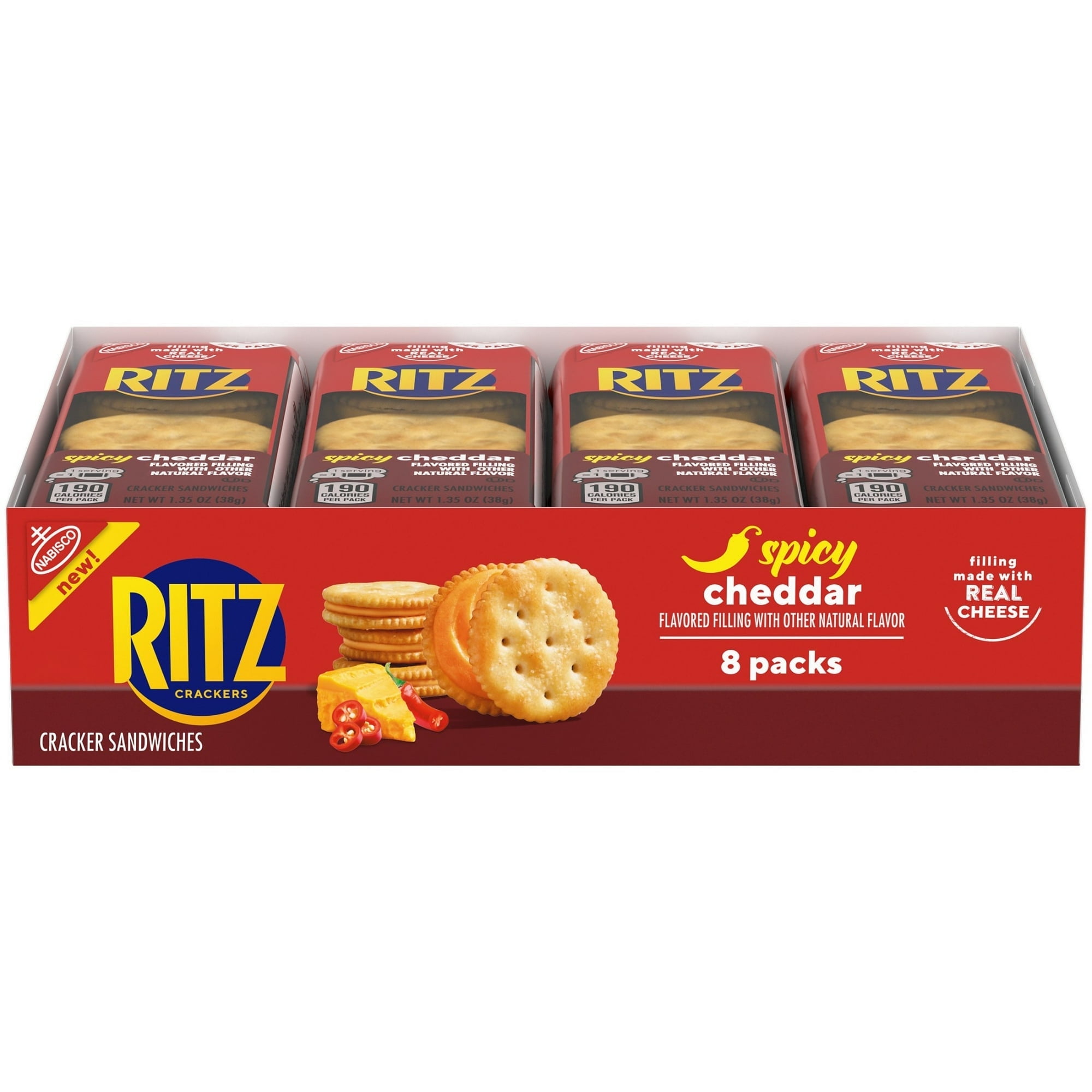 RITZ Spicy Cheddar Cheese Sandwich Crackers, Lunch Snacks, 8 Snack Packs (6 Crackers Per Pack ...