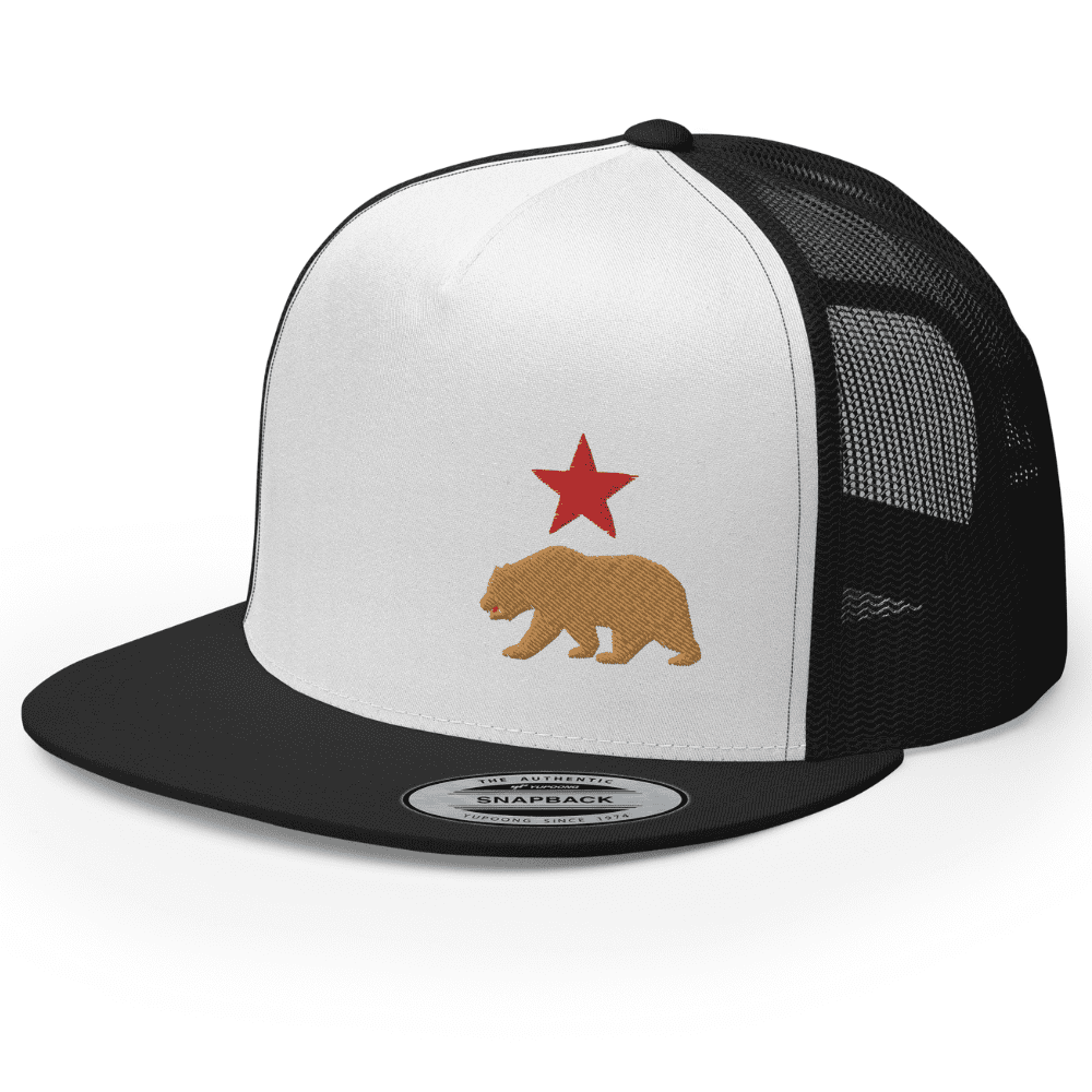 RIVEMUG California Trucker Hat Flat Bill High Crown Adjustable Bear and Star Snapback Cap for ...