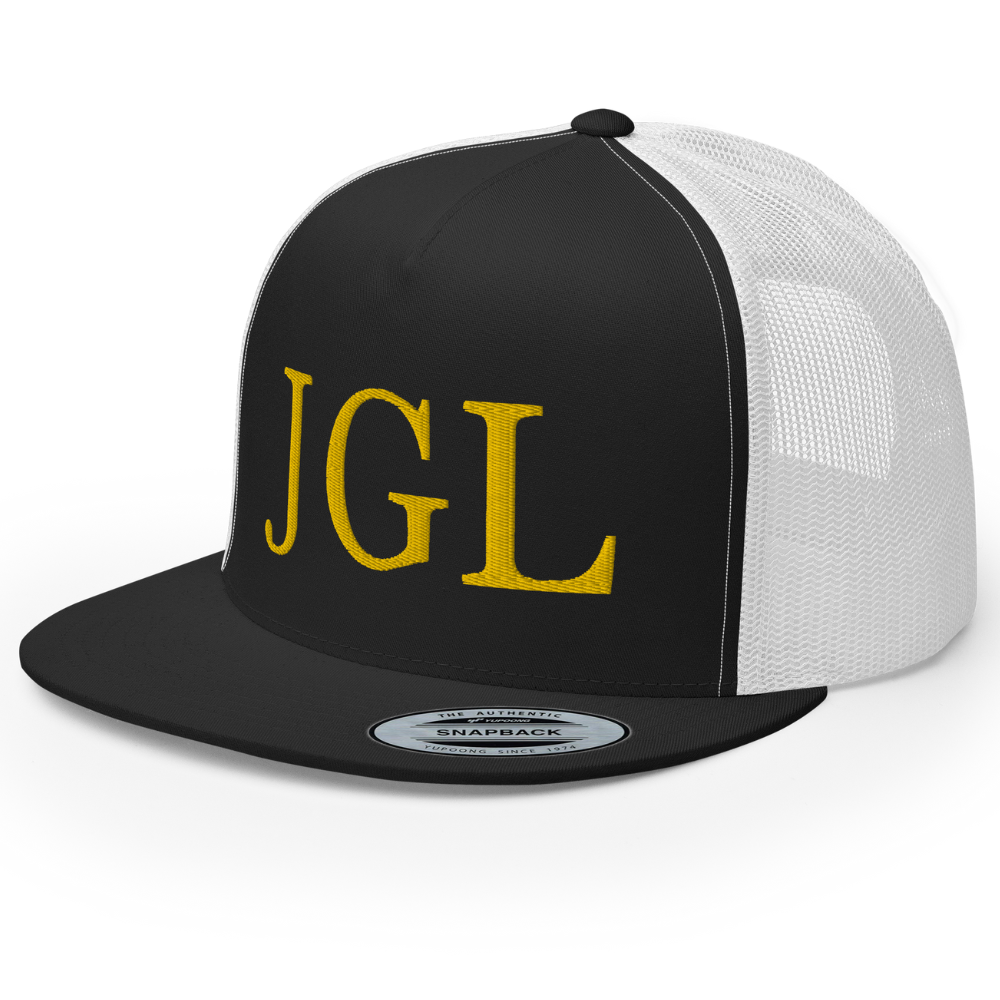 RIVEMUG JGL Gold Embroidered Trucker Hat Flat Bill High Crown Chapo ...