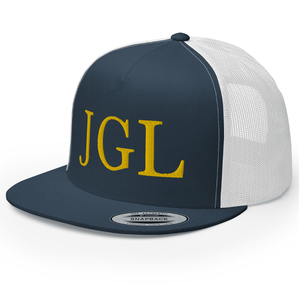 RIVEMUG JGL Gold Embroidered Trucker Hat Flat Bill High Crown Chapo ...