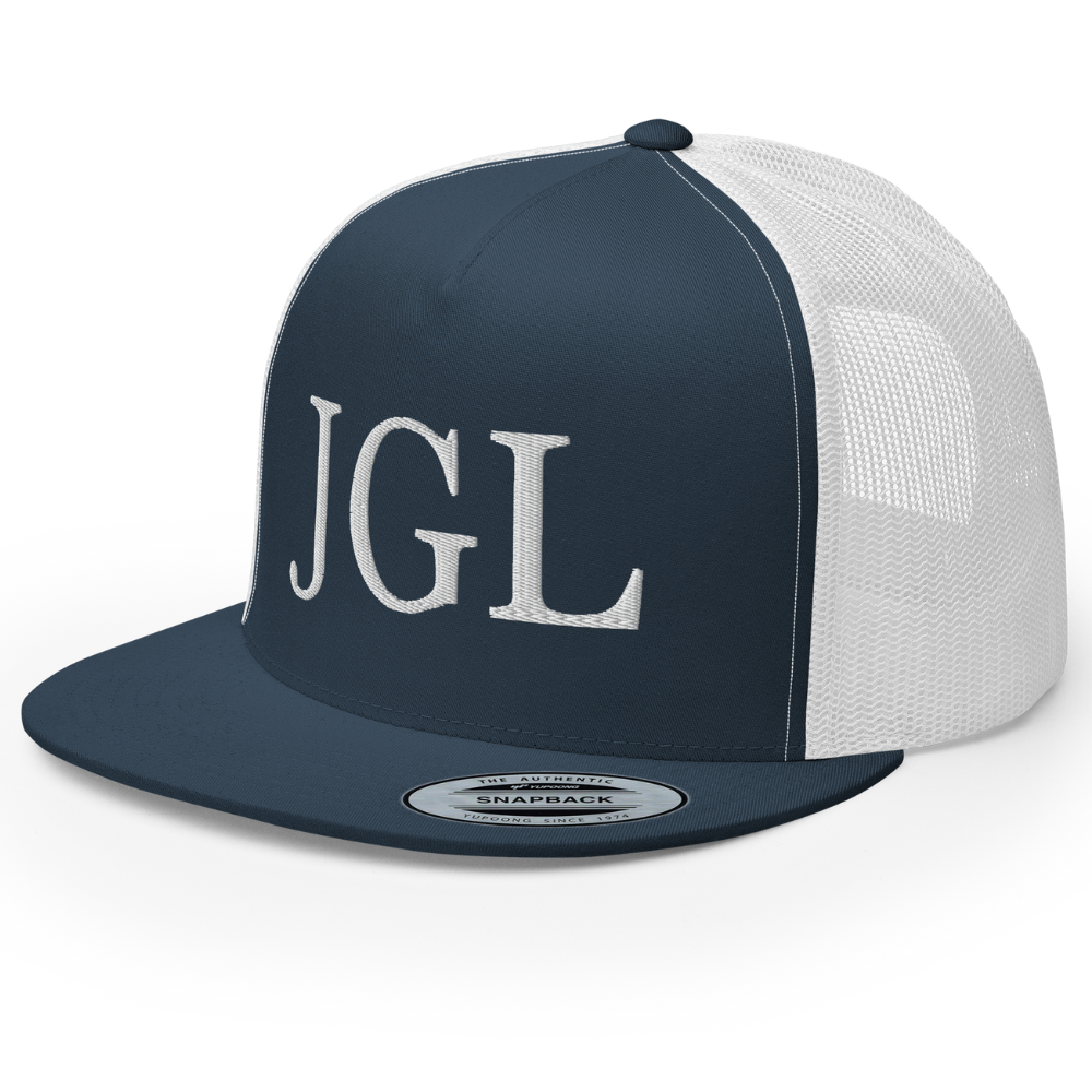 RIVEMUG JGL White Embroidered Trucker Hat Flat Bill High Crown Chapo ...