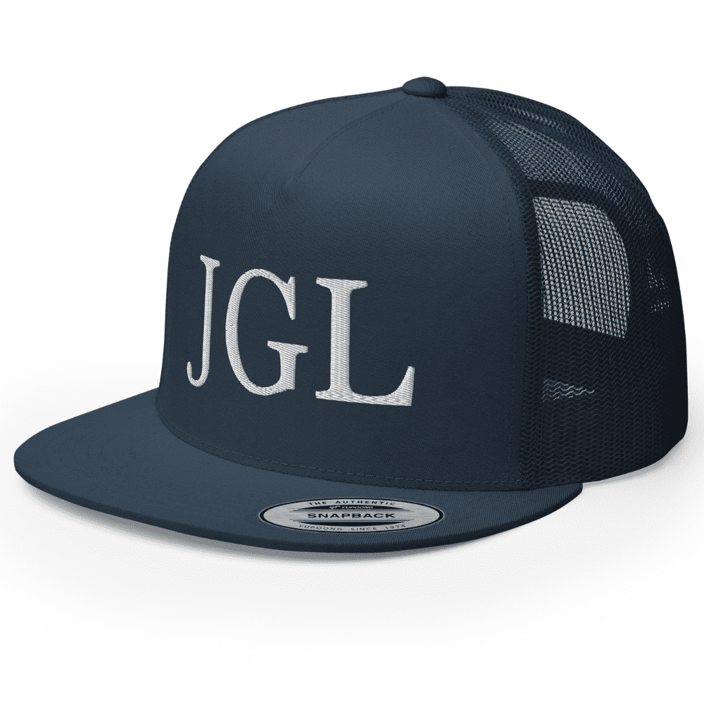 RIVEMUG JGL White Embroidered Trucker Hat Flat Bill High Crown Chapo ...