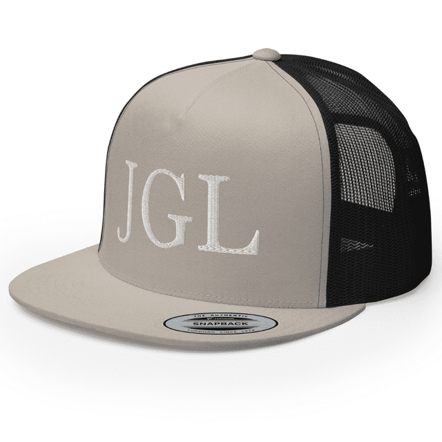 RIVEMUG JGL White Embroidered Trucker Hat Flat Bill High Crown Chapo ...