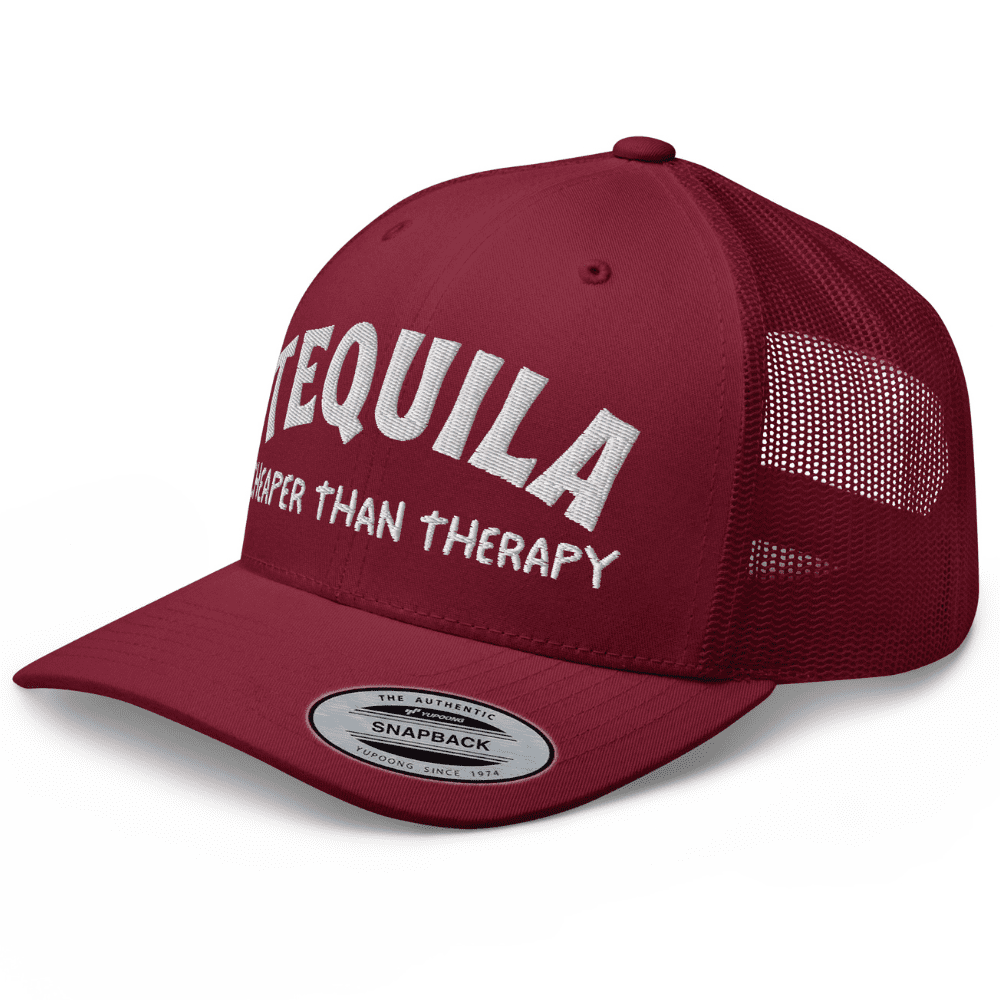 RIVEMUG NX Tequila Cheaper Than Therapy Embroidered Trucker Hat Curved Bill Mid Crown Snapback ...