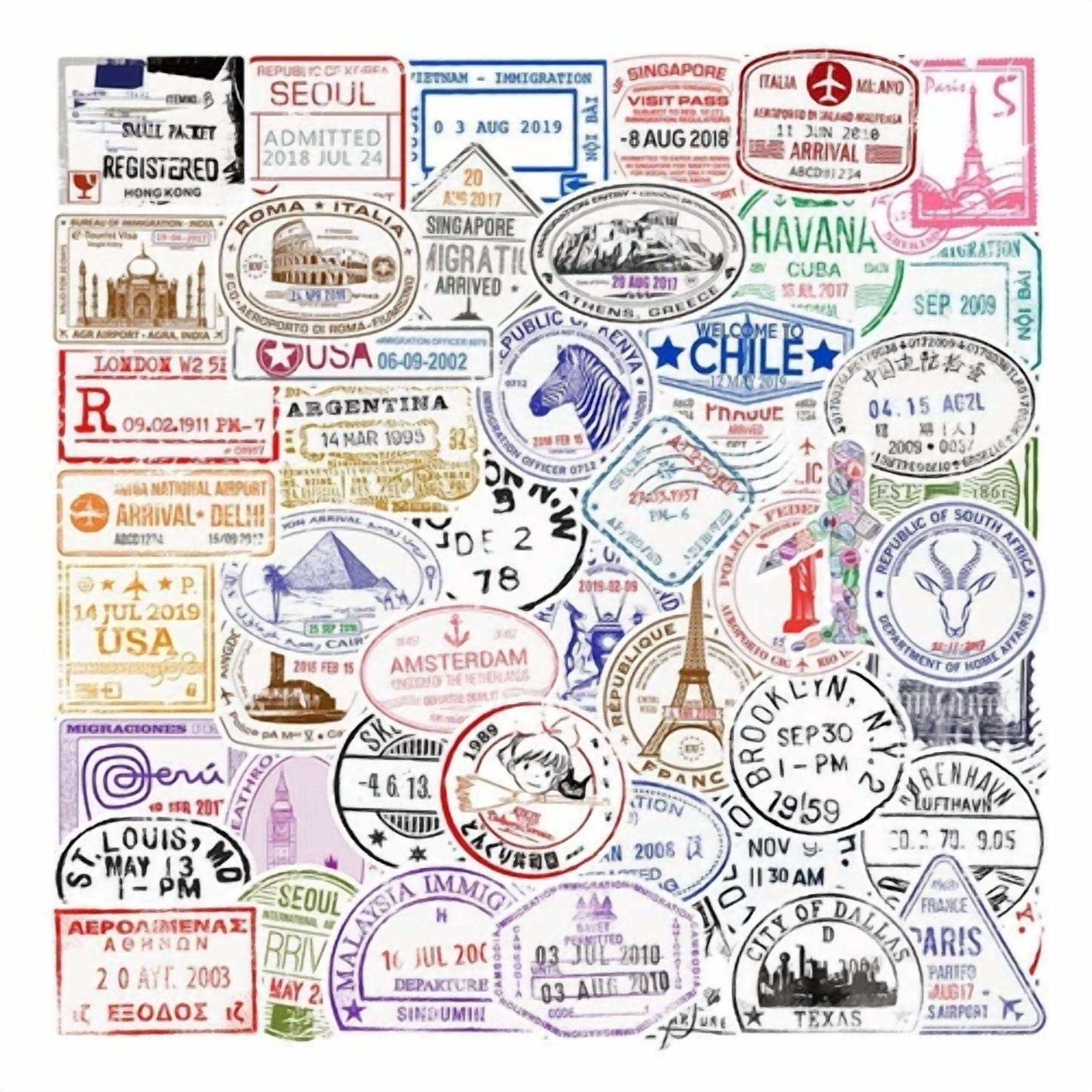 RIVEN- 50 Retro Customs Stamp Stickers World Travel Tourist Decals Set ...