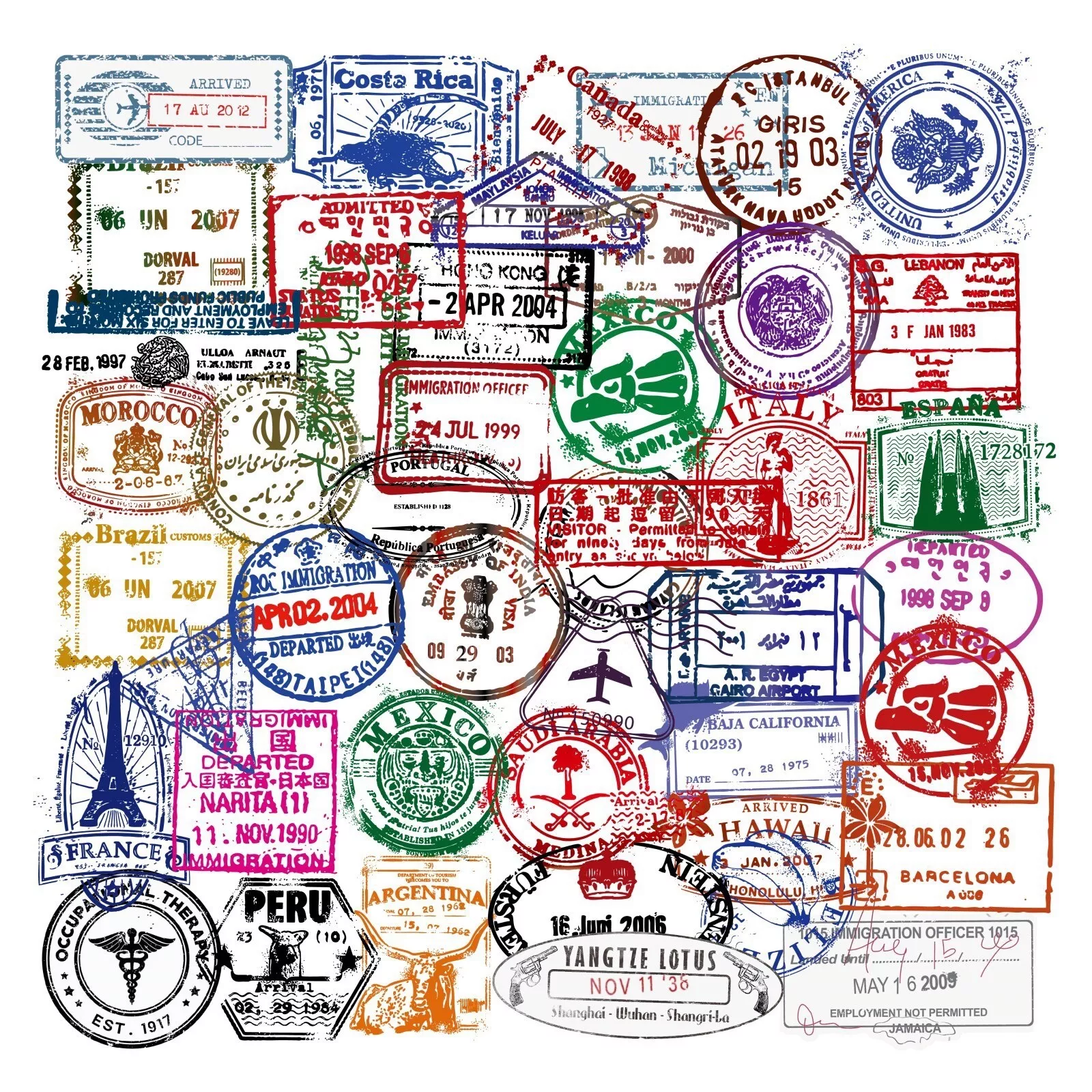 RIVEN- 50 Retro Customs Stamp Stickers World Travel Tourist Decals Set ...