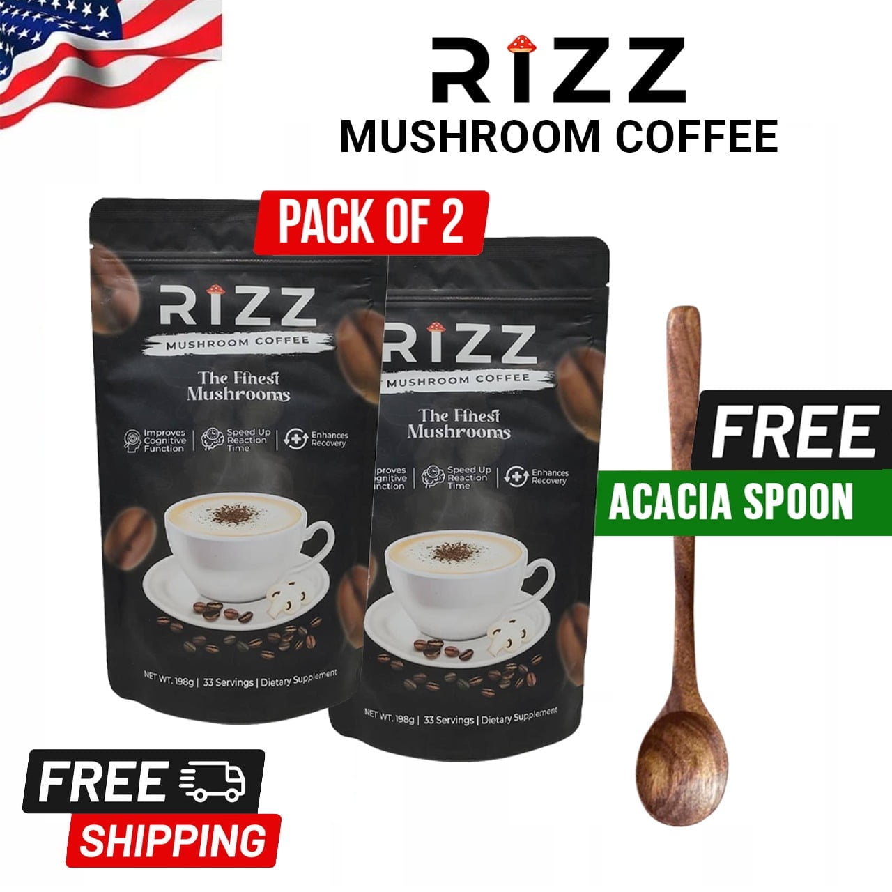 RIZZ Mushroom Coffee, Pack of 2, 66 Servings, 396g, 6 Mushroom Blend ...