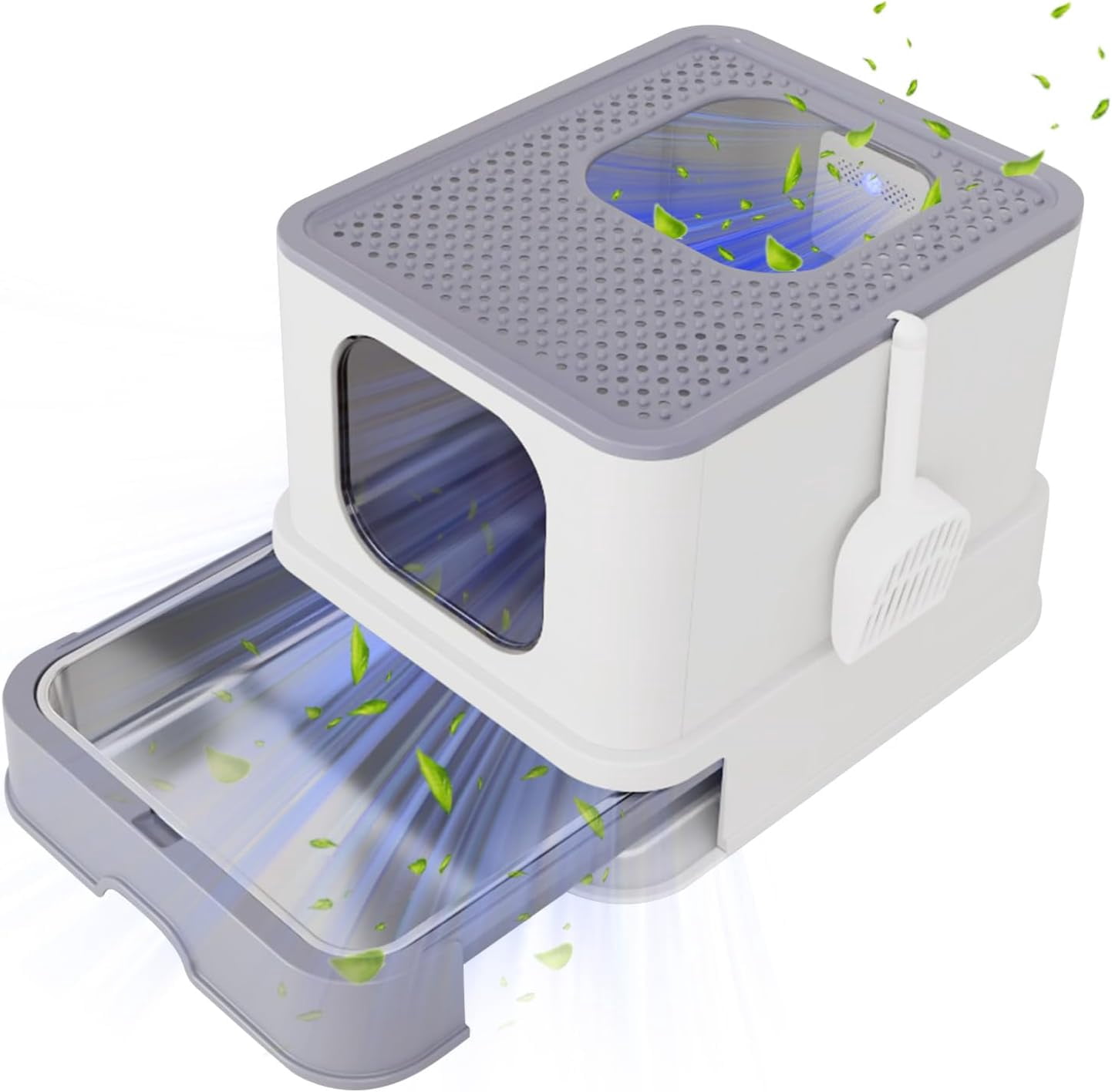 RIZZARI White Enclosed Cat Litter Box with Lid, Stainless Steel Large ...