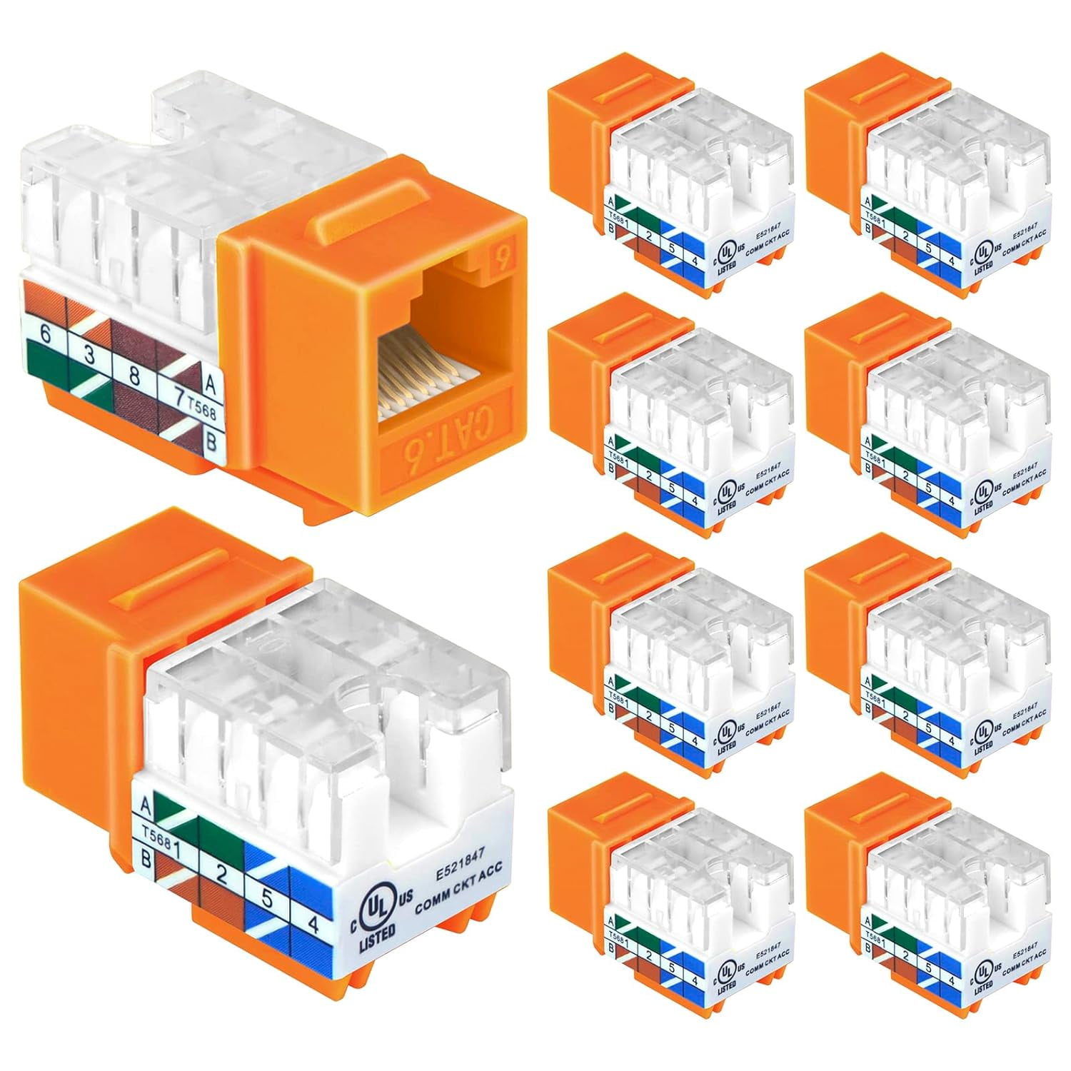 RJ45 Cat6 Keystone Jacks Slim Profile UL-Listed 10-Pack, 90-Degree ...