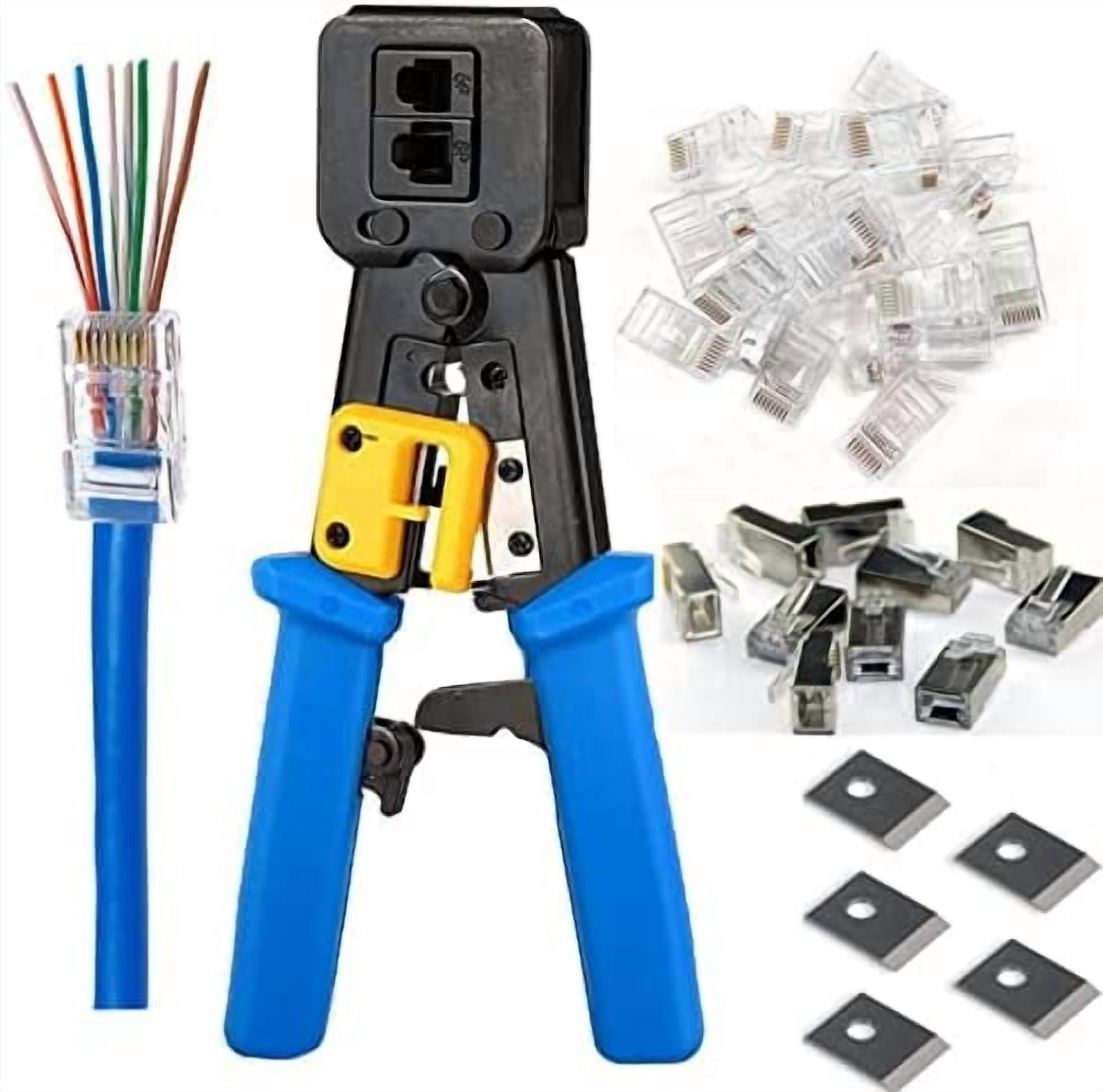 RJ45 Crimp Tool Ethernet Pass Thru Crimper with 5Pack 8Pin Replacement ...