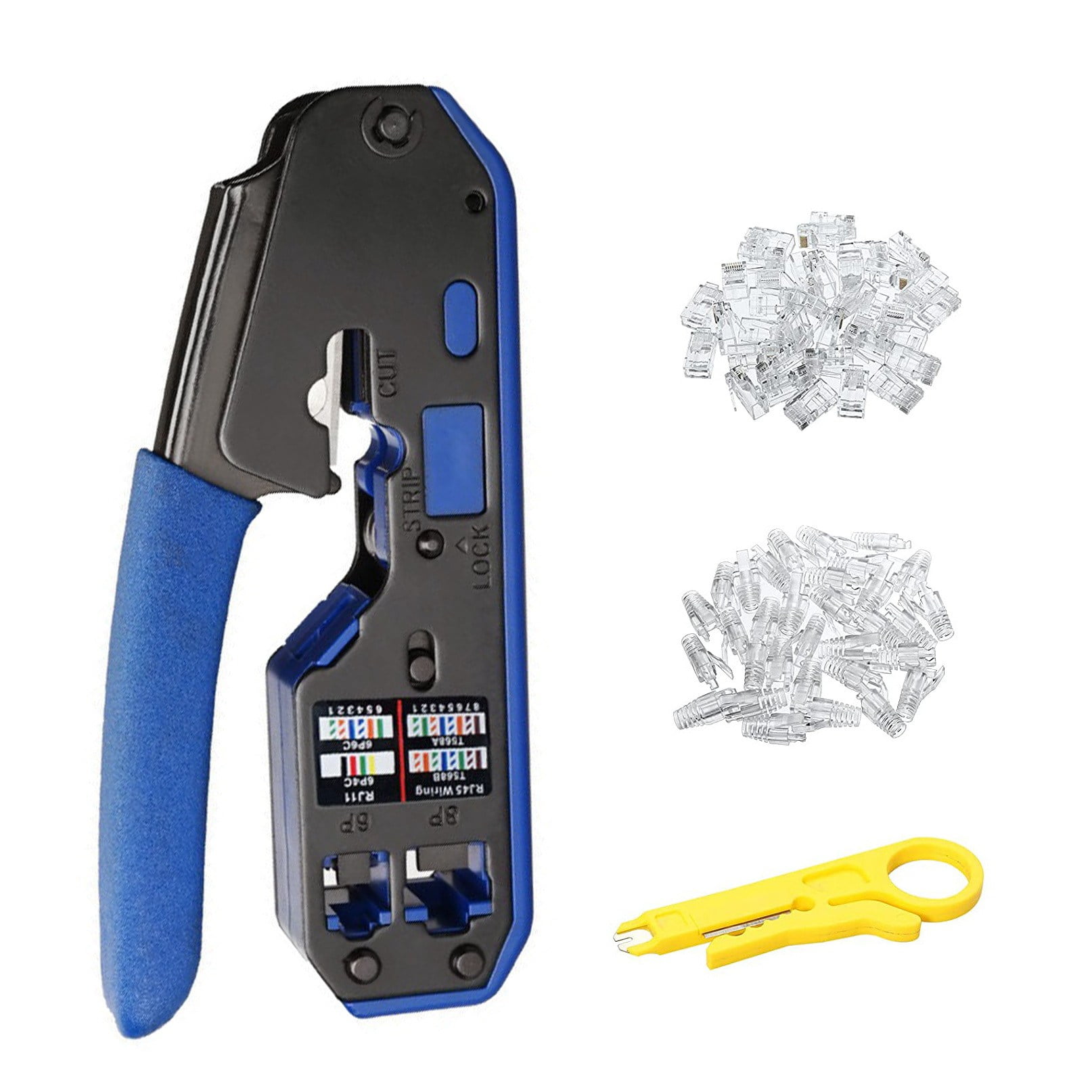 RJ45 Crimp Tool Set All-In-One Stripper Cutter with 50 PC CAT6 Pass ...