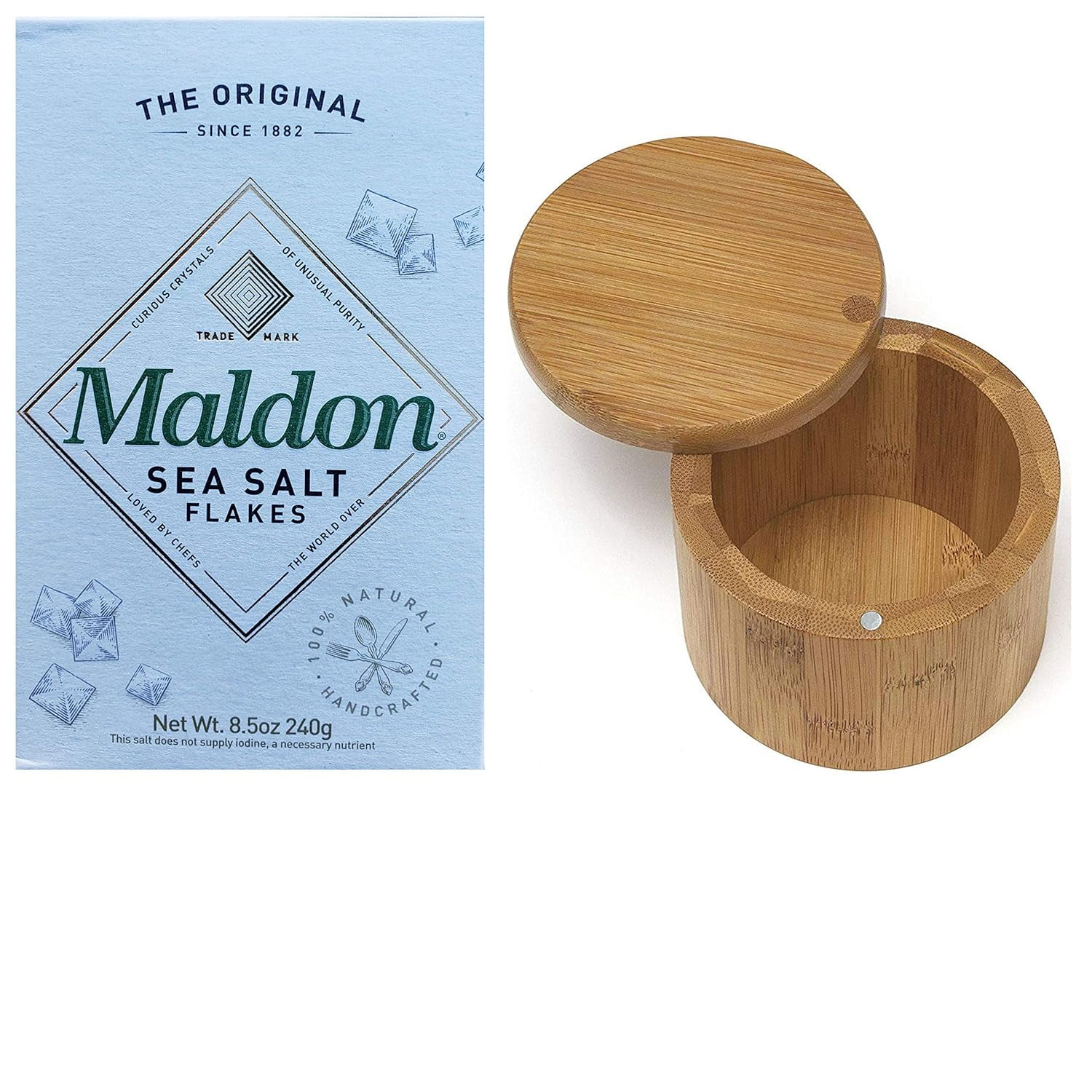 RJF Brands Bamboo Salt Box, includes Maldon Gourmet Sea Salt Flakes ...
