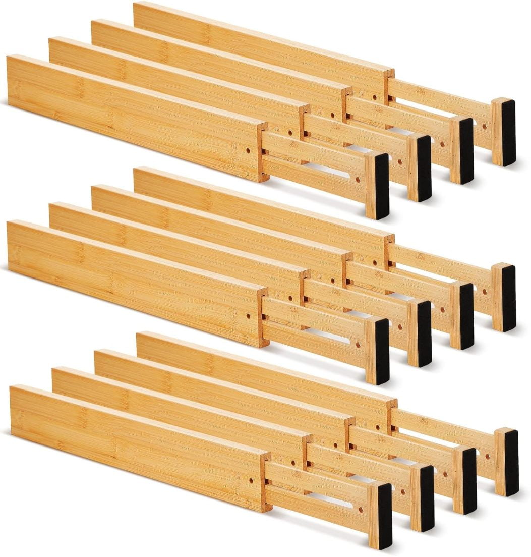 RJTZ 12 Pcs Bamboo Drawer Dividers Adjustable Drawer Organizers Spring ...