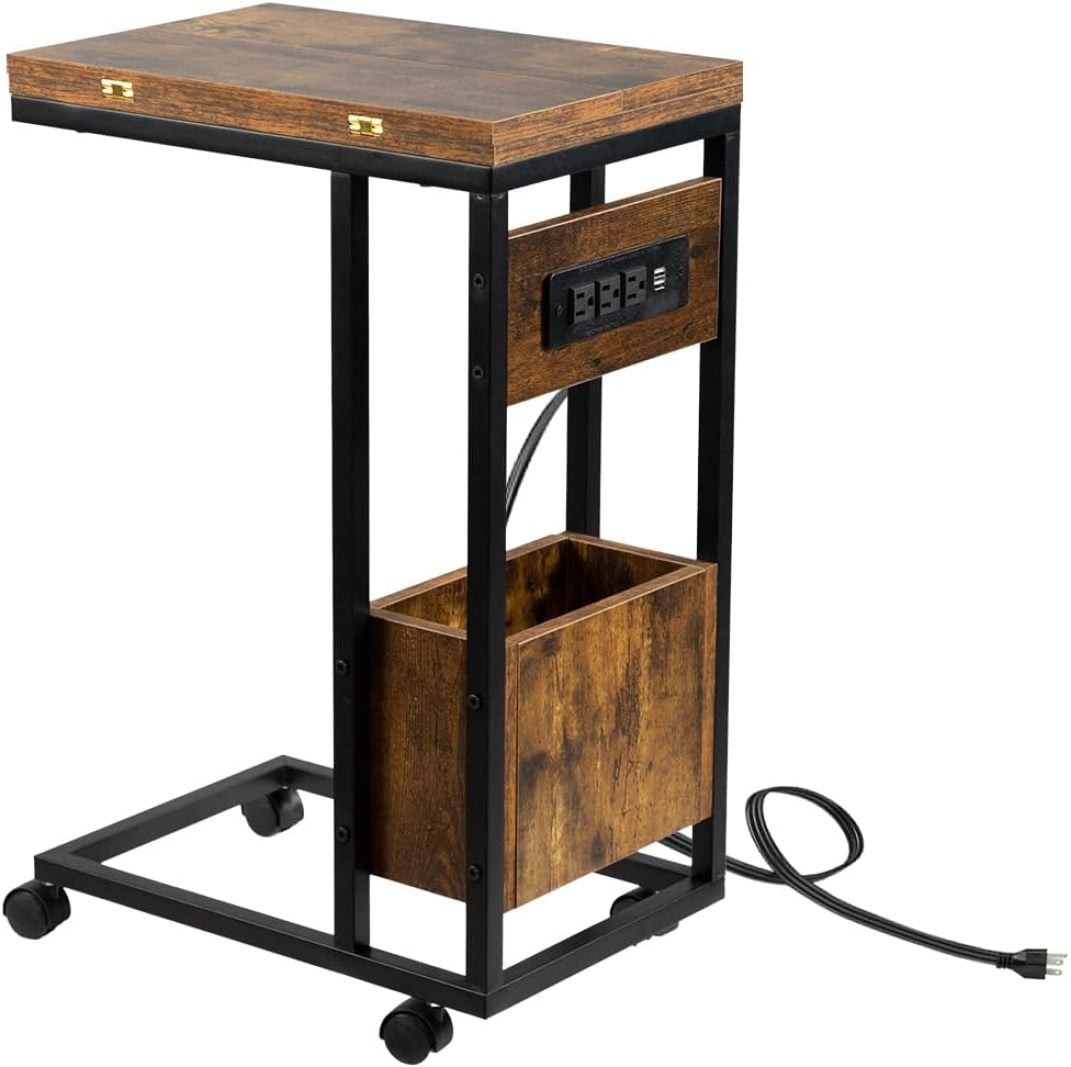 RJTZ C Shaped End Table with Charging Station & Foldable Tabletop ...