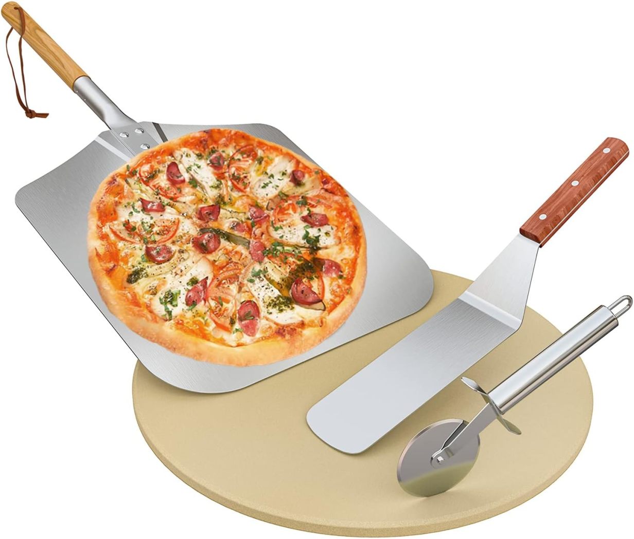RJTZ Round Pizza Stone Set for Oven and Grill, Pizza Grilling Tool Kit ...